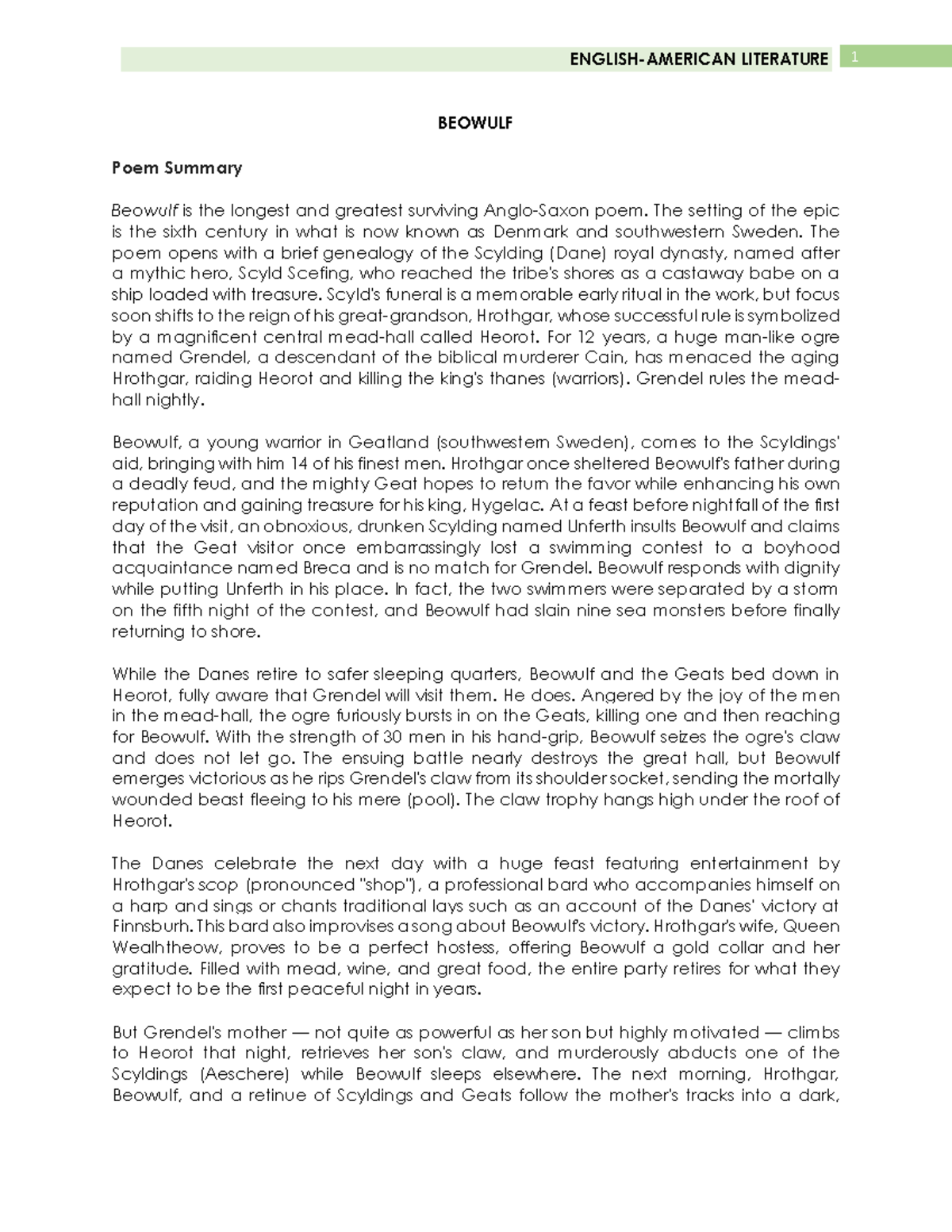Beowulf - Summary - 1 ENGLISH-AMERICAN LITERATURE BEOWULF Poem Summary ...