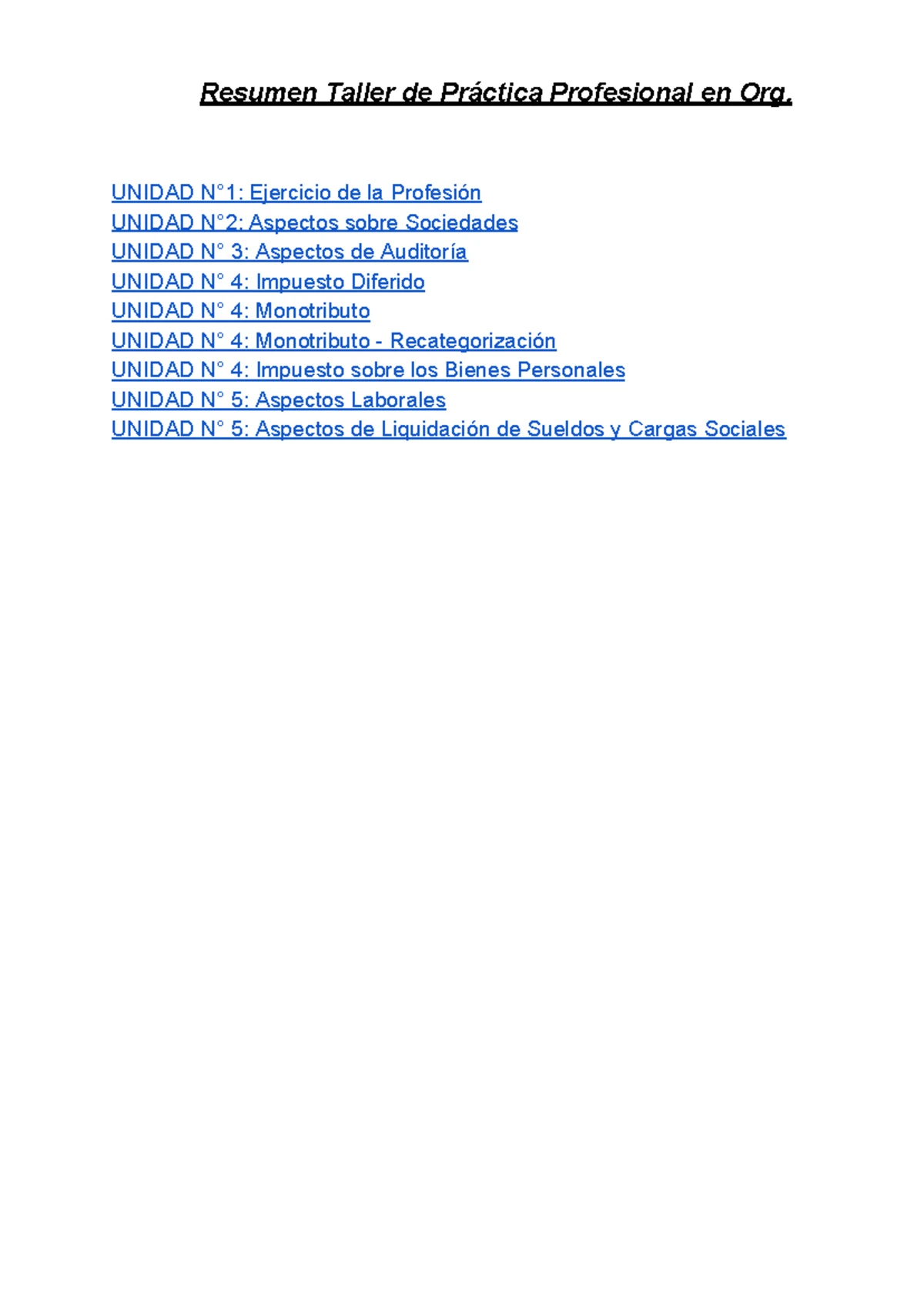 Resumen Taller de Práctica Profesional en Ciencias Económicas - Studocu