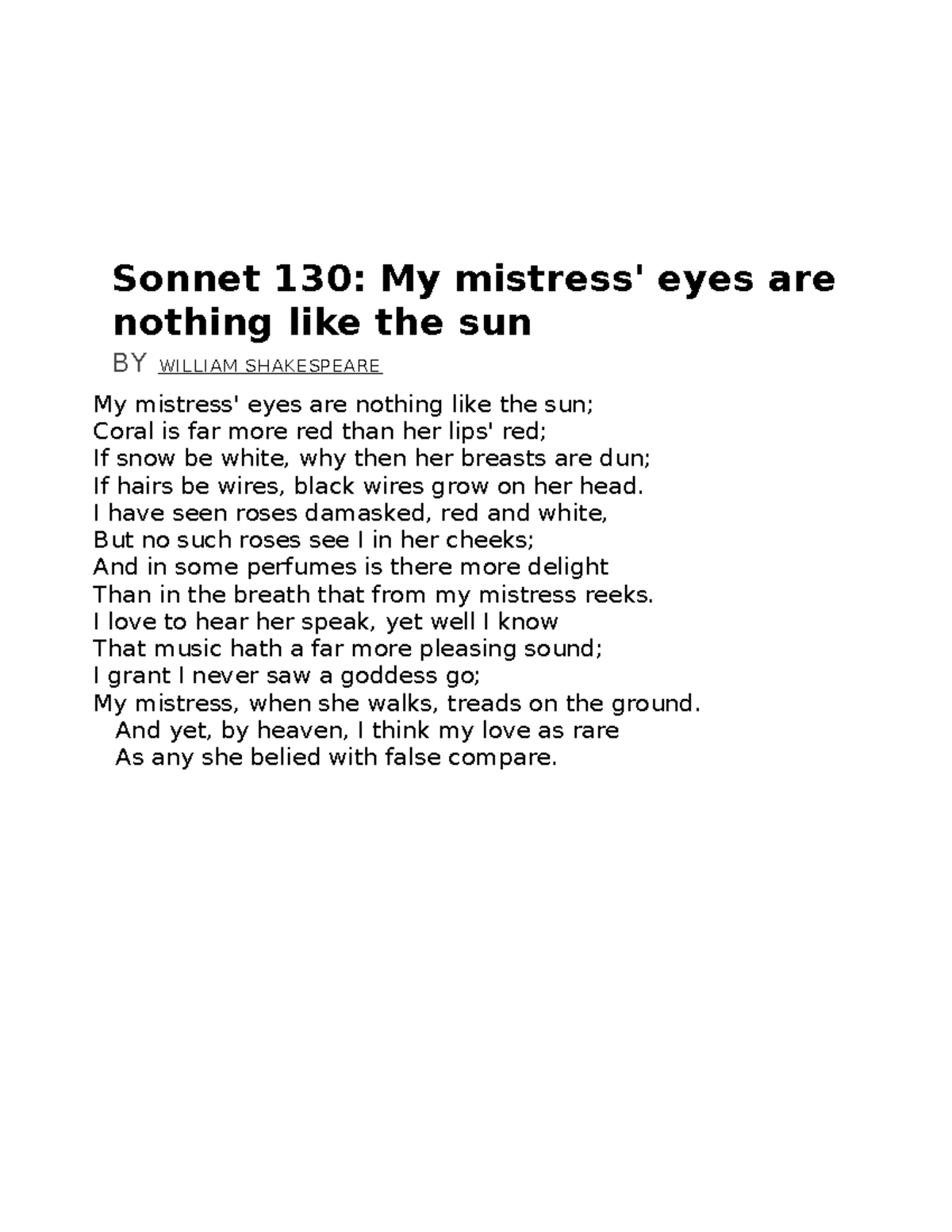 Poems - N/A - Sonnet 130: My mistress' eyes are nothing like the sun BY ...