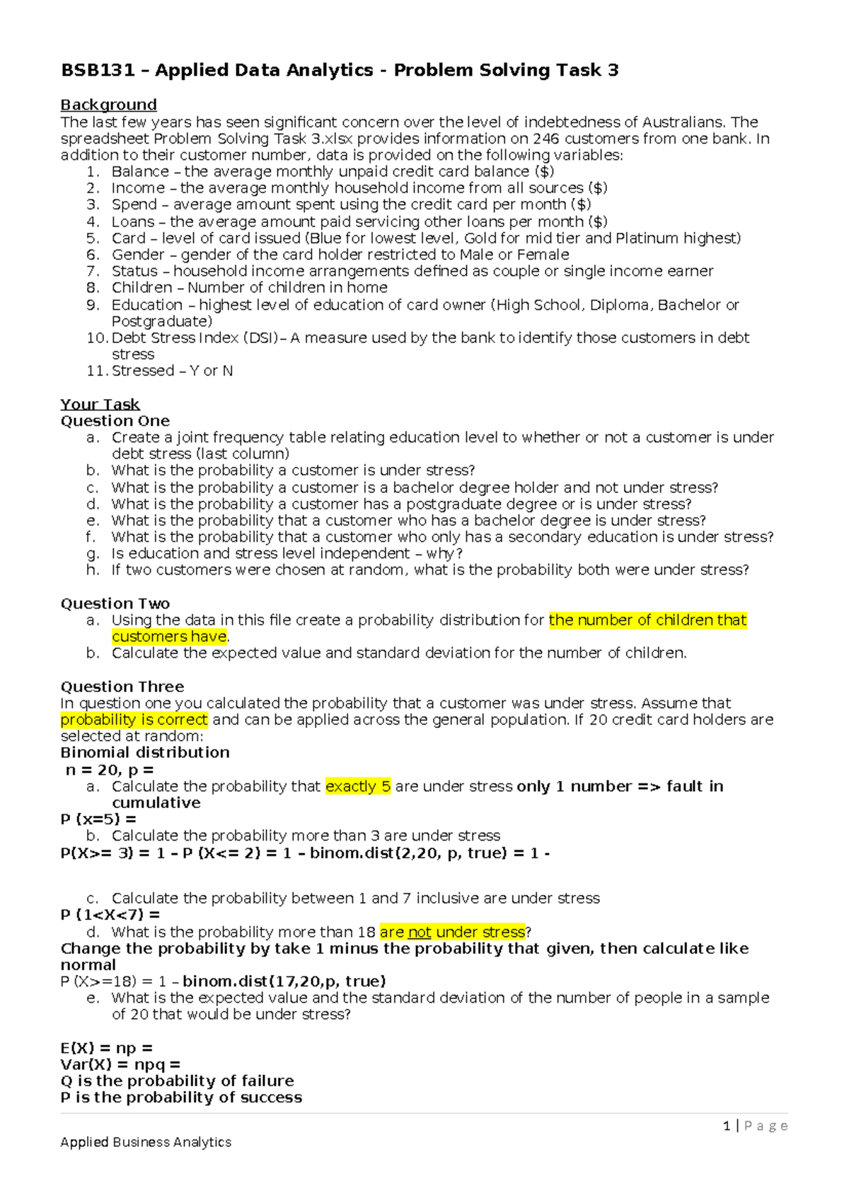 BSB131 – Applied Data Analytics: Problem Solving Task 3 Analysis - Studocu