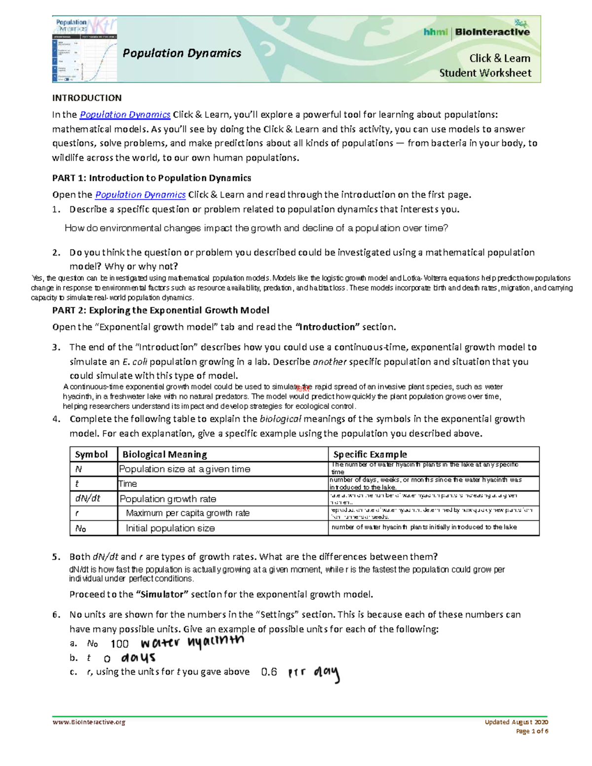 Population Dynamics: Student Worksheet for BioInteractive SPR 2026 ...