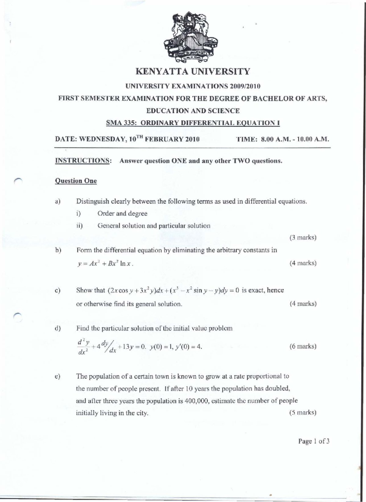 SMA 335: Past Exam Paper for Ordinary Differential Equations 2010 - Studocu