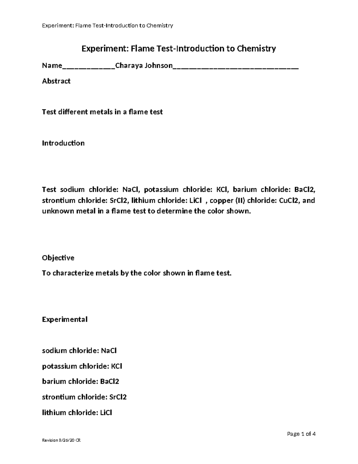 B17 Results Flame Test- Charaya Johnson - Experiment: Flame Test ...