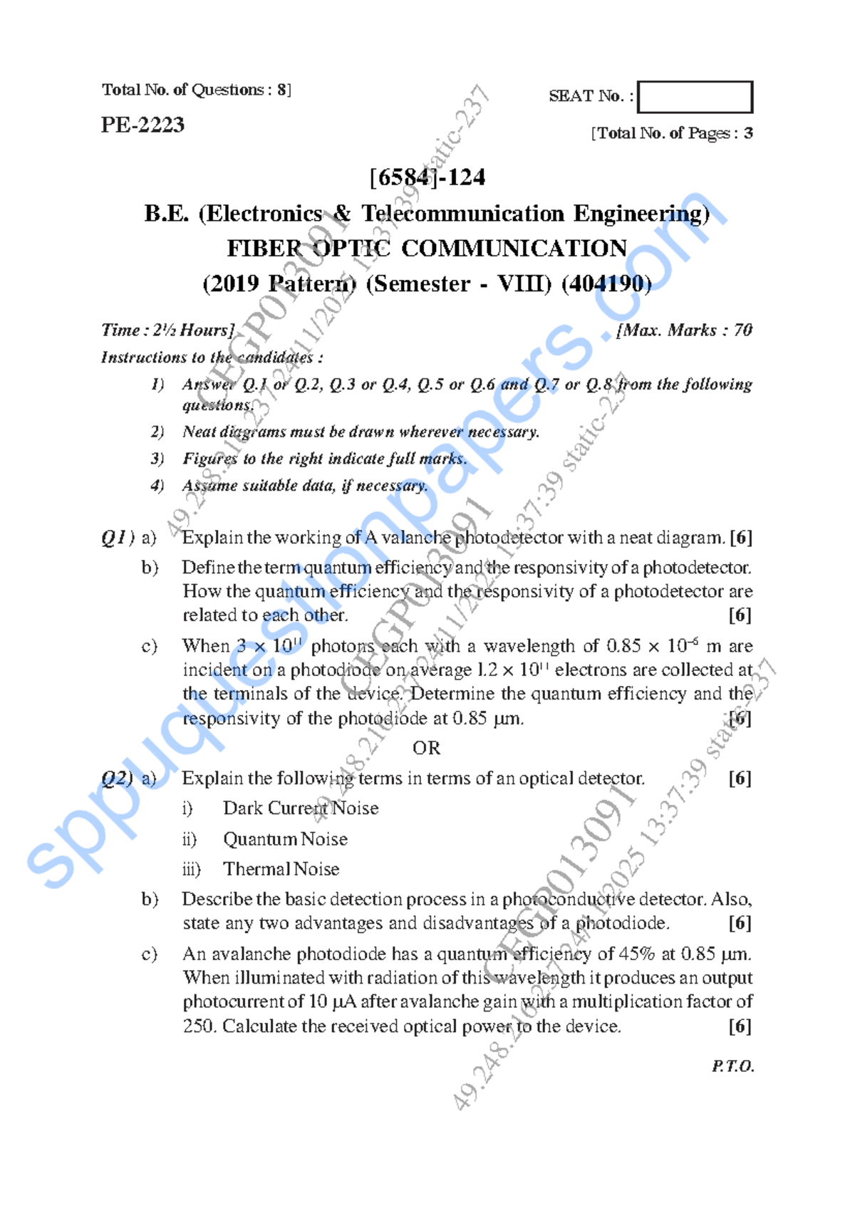 B.E. (Electronics & Telecommunication) Sem 8 FOC Exam Nov 2025 - Studocu