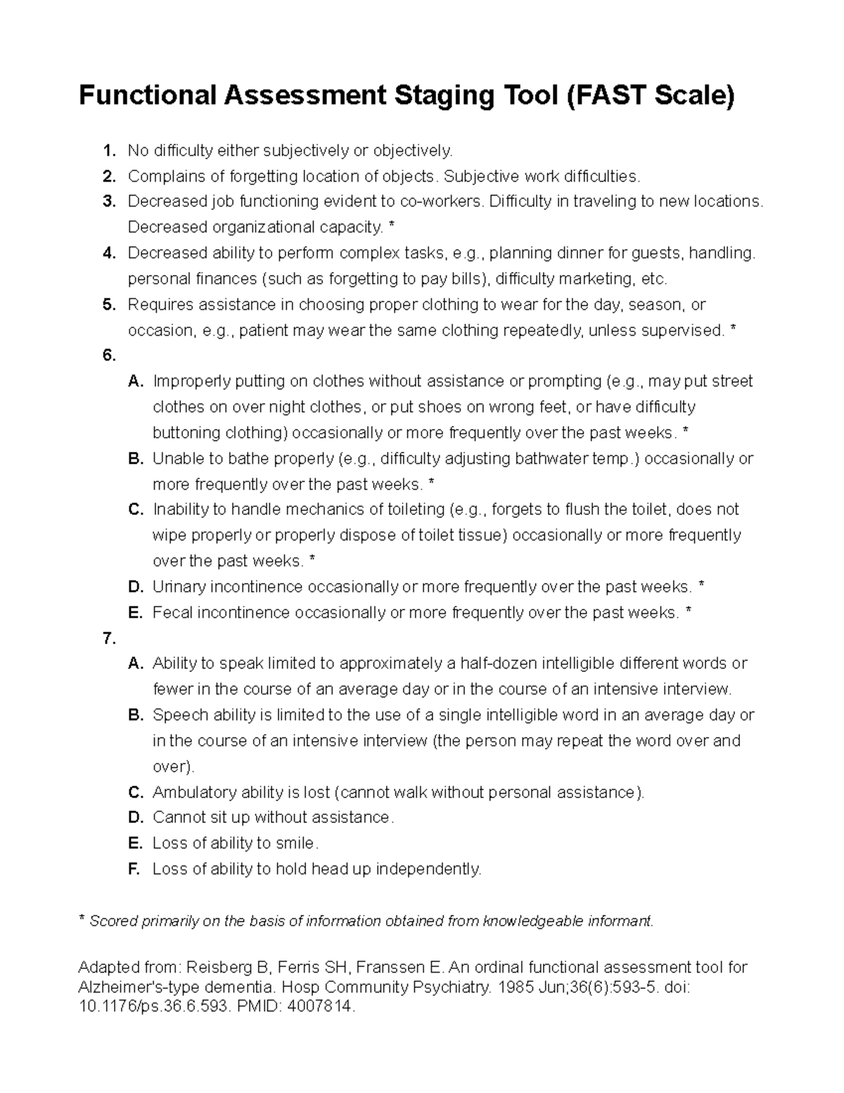 Functional Assessment Staging Tool (FAST Scale) Overview - Studocu