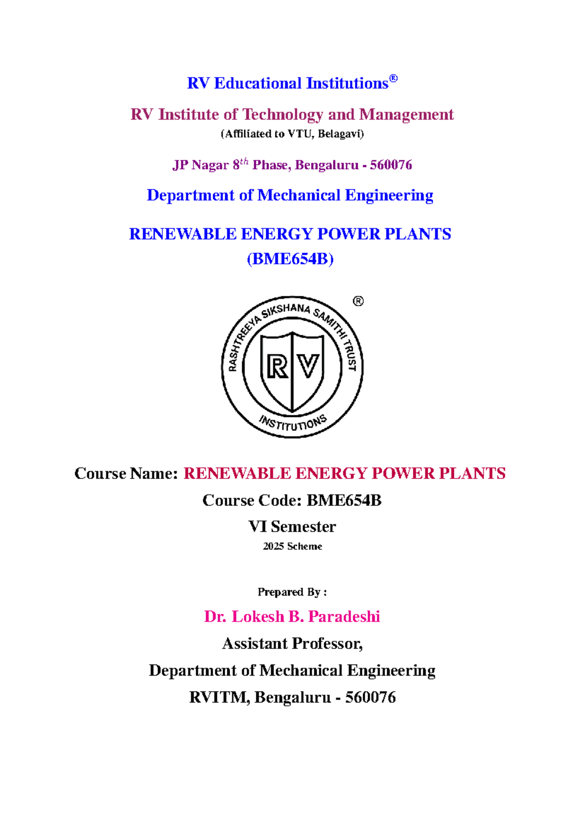 BME654B VI Sem Renewable Energy Power Plants Notes - Studocu