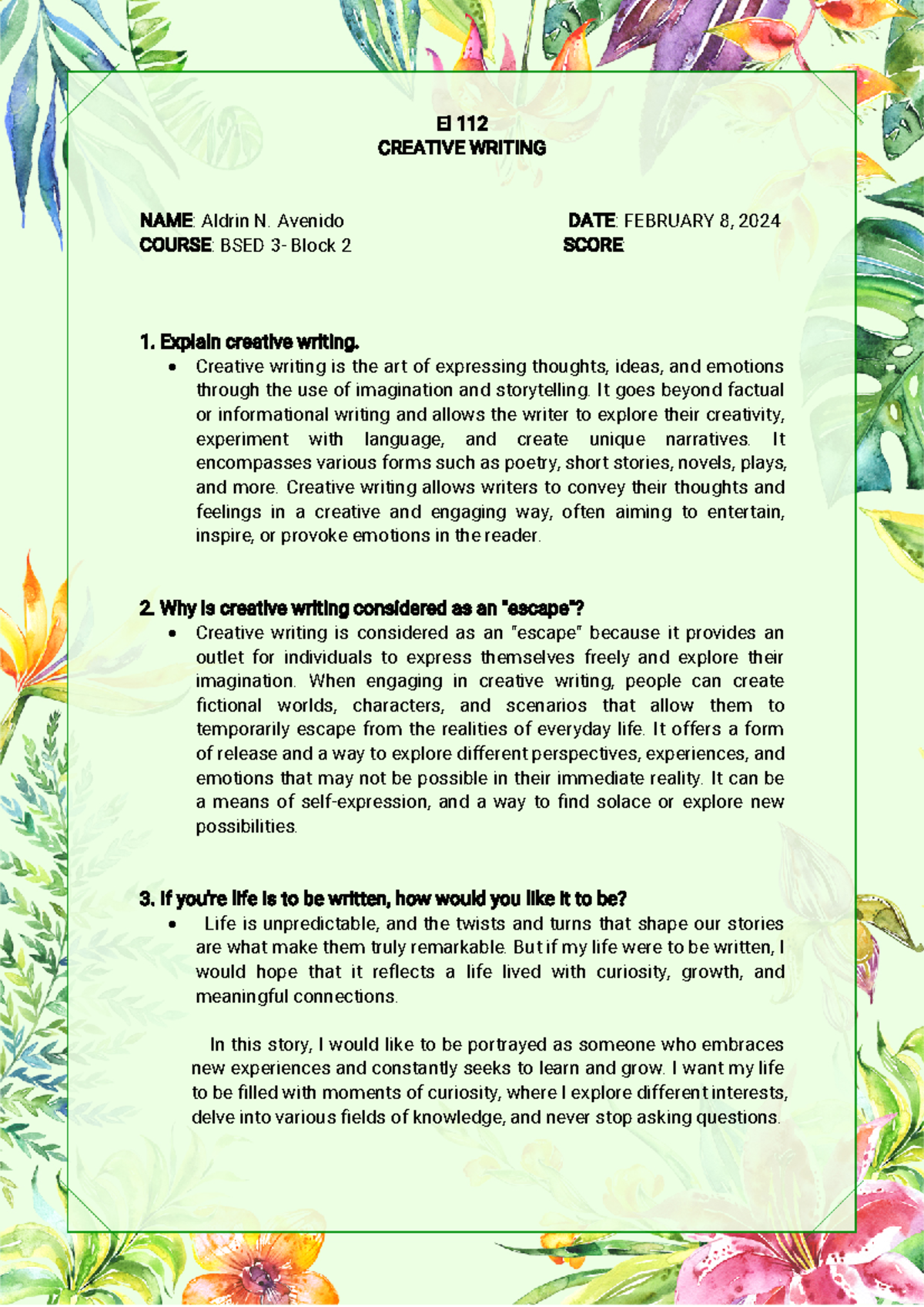 El 112 Creative Writing - El 112 CREATIVE WRITING NAME: Aldrin N ...