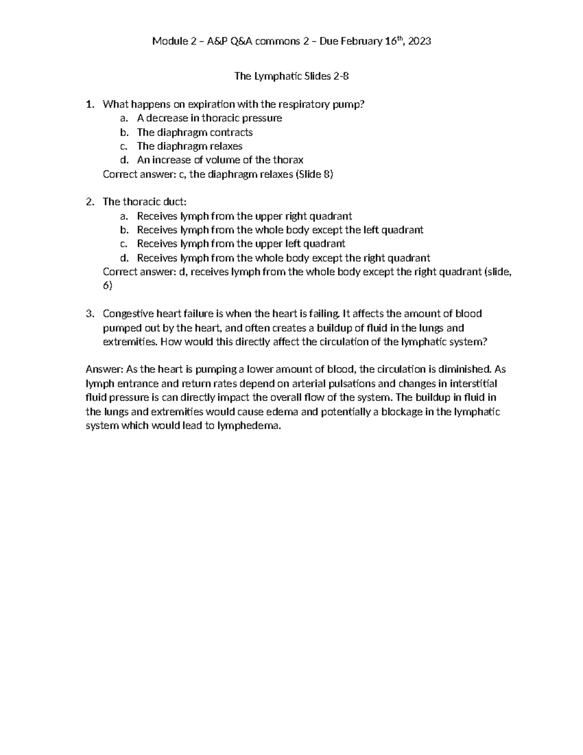 The Lymphatic Slides Q&A - Module 2 – A&P Q&A commons 2 – Due February ...