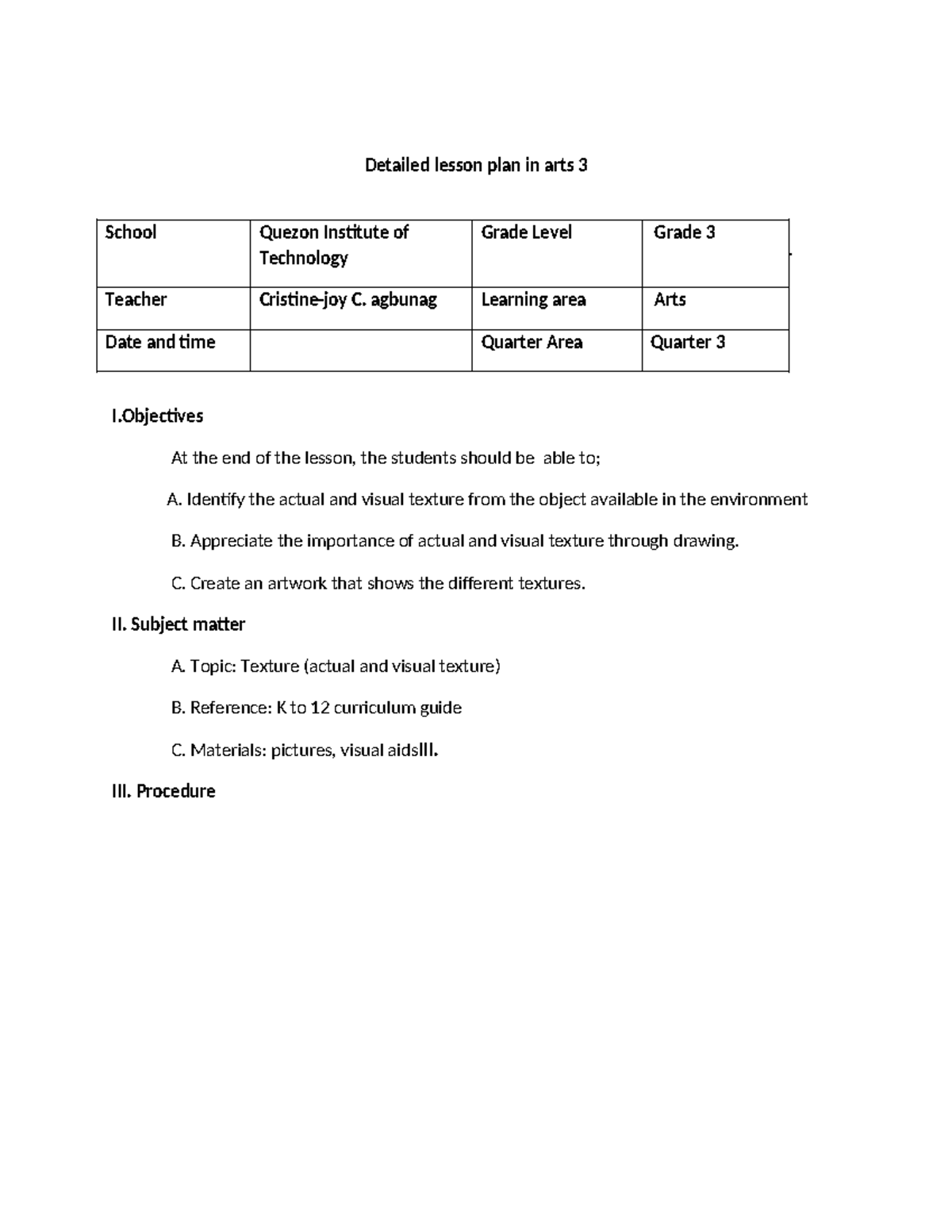 Inbound 2058904563722850609 - Detailed lesson plan in arts 3 . I At the ...