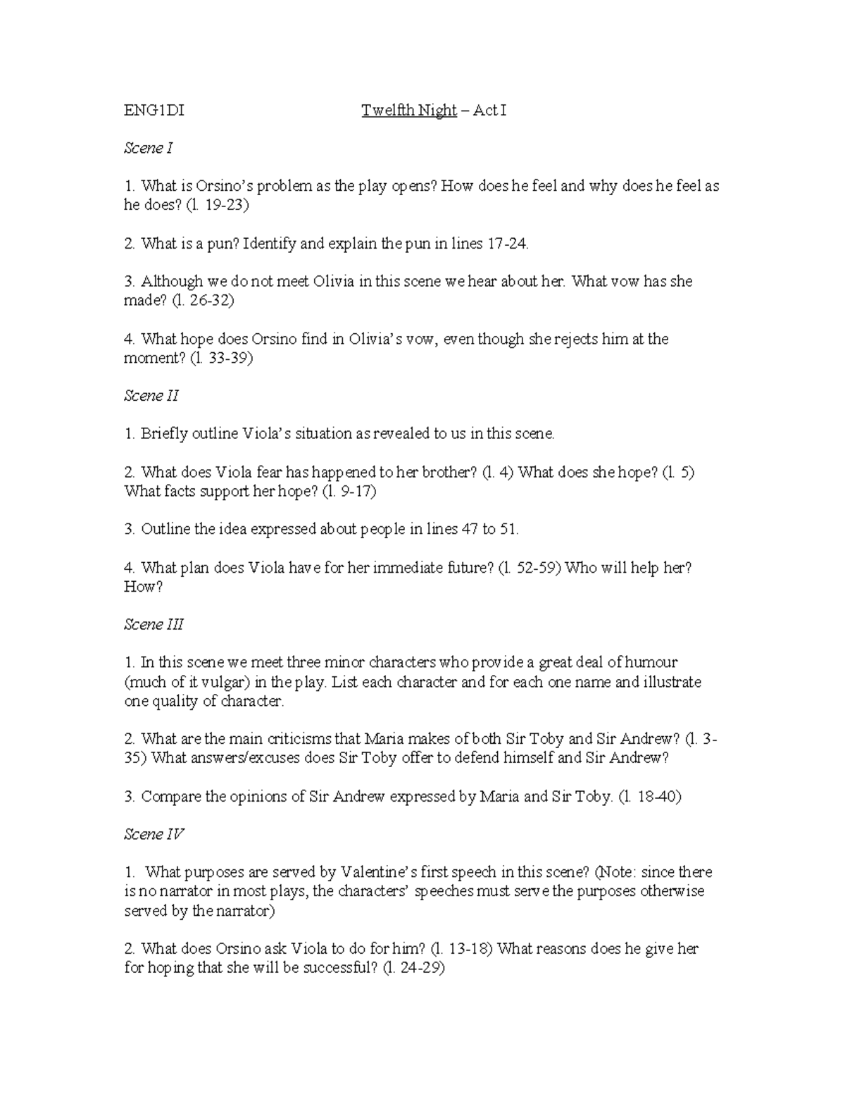 ENG1DI Twelfth Night Act I Analysis Questions - Studocu