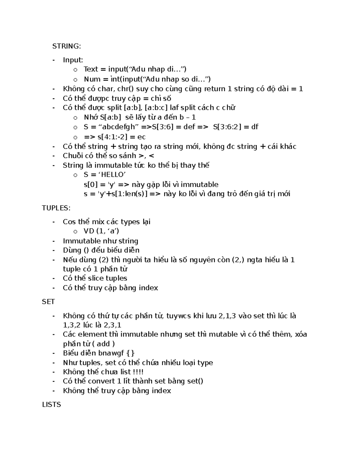 Ltxldloz - STRING, TUPLES, SETS, LISTS, DICTIONARY Overview - Studocu