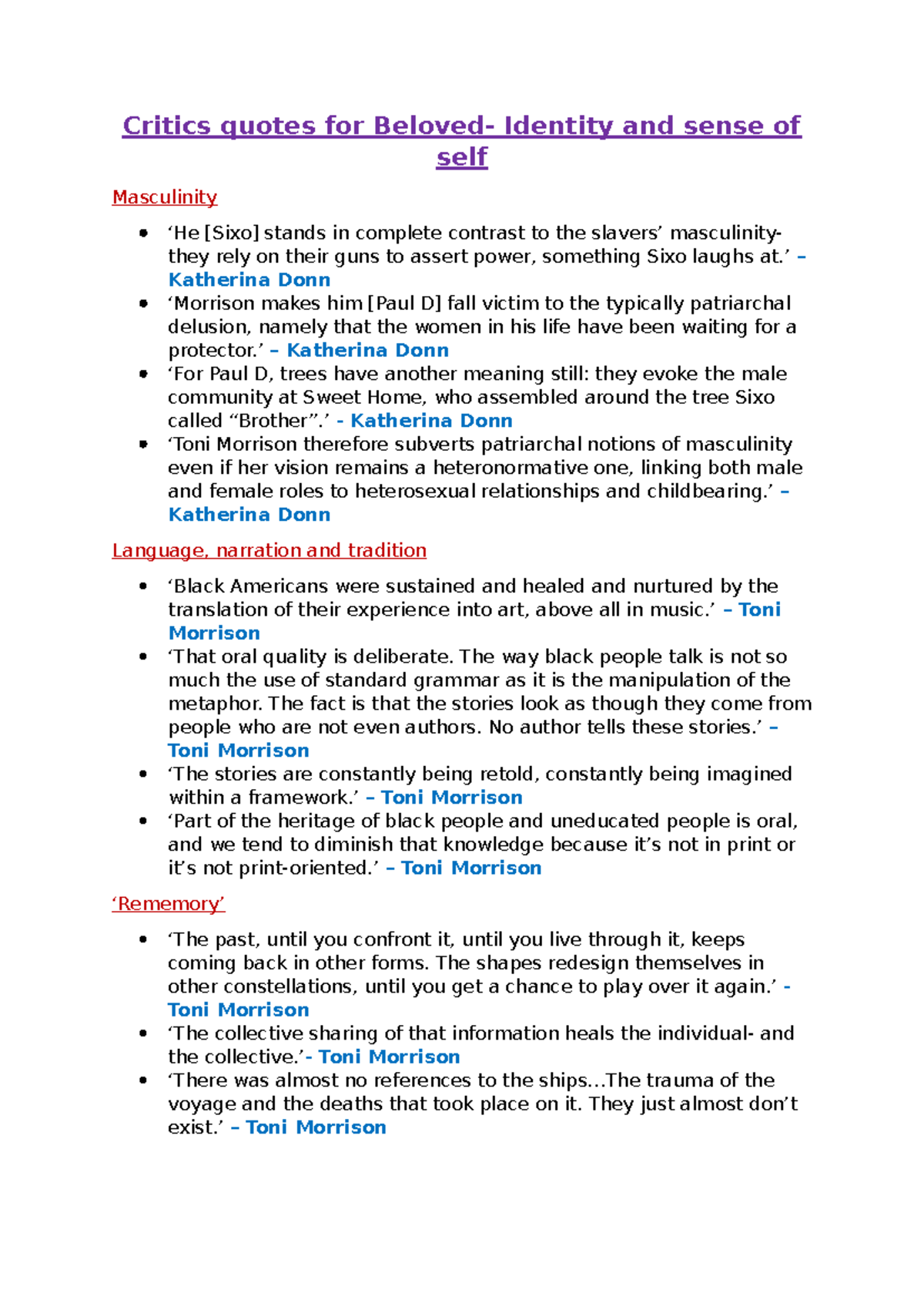 Critics Quotes on Identity and Masculinity in Beloved - Studocu