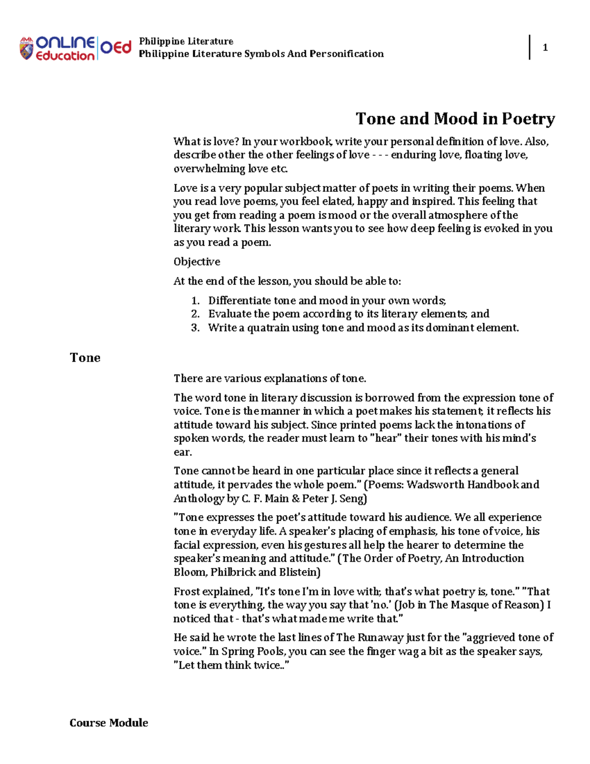 Tone and Mood in Poetry - Lecture Notes - Philippine Literature ...
