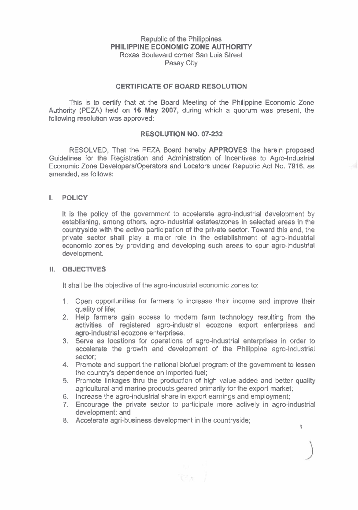 PEZA Guidelines for Agroindustrial Economic Zones and Incentives - Studocu