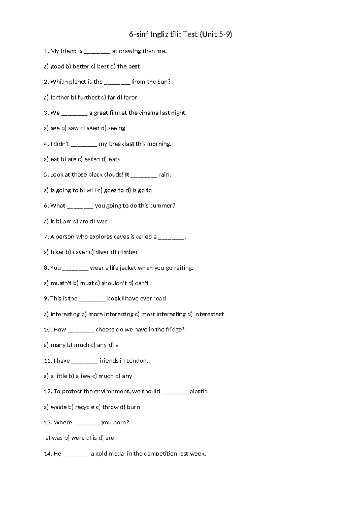 Ingliz tili: Test (Unit 1) - 6sinf Practical Training - Studocu