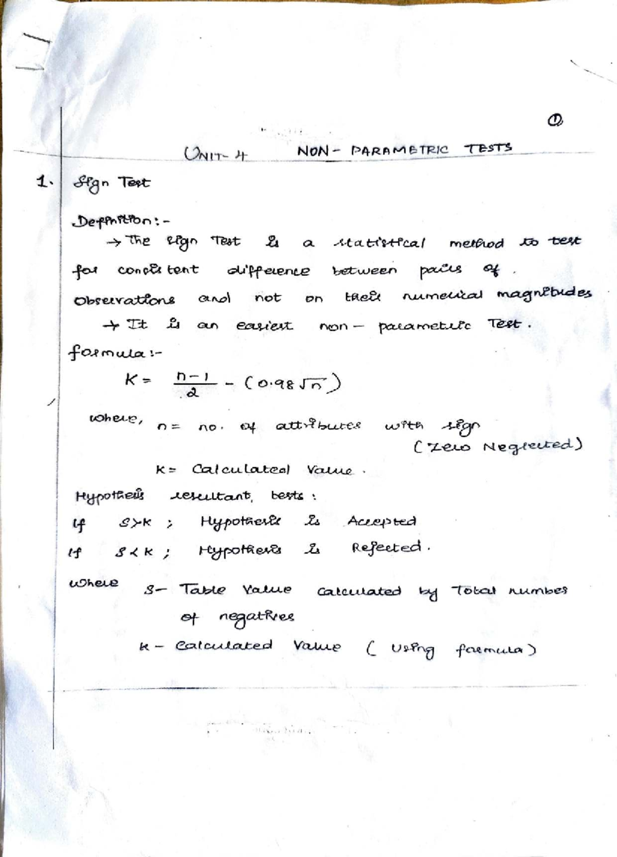 D 4 Parametric Tests: Sign Test, Run Test, and Whitney Test Notes - Studocu