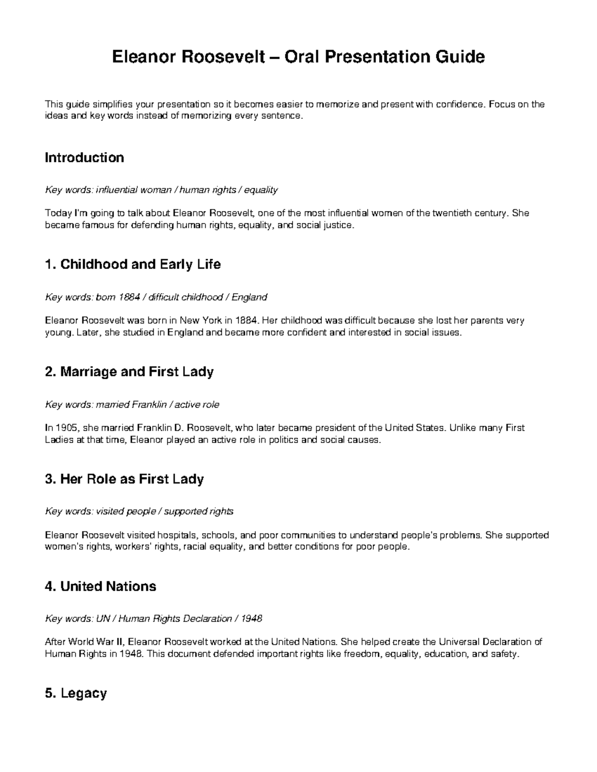 Eleanor Roosevelt Oral Presentation Guide: Key Points & Insights - Studocu
