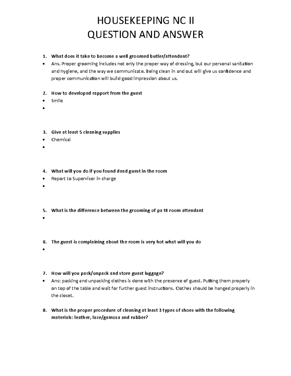 Housekeeping Reviewr - HOUSEKEEPING NC II QUESTION AND ANSWER What does ...
