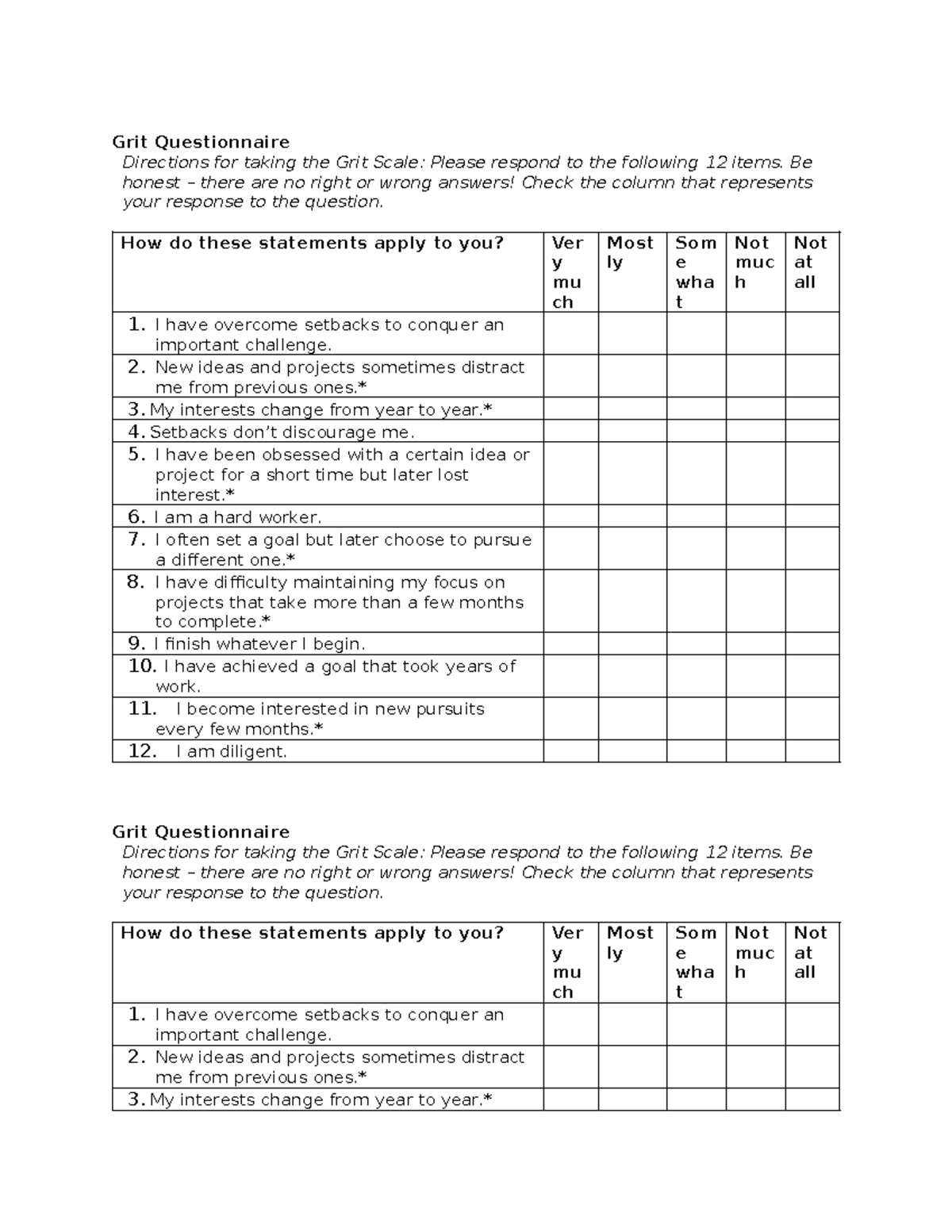 Grit Questionnaire - Assessment Test Bank for Personal Development ...