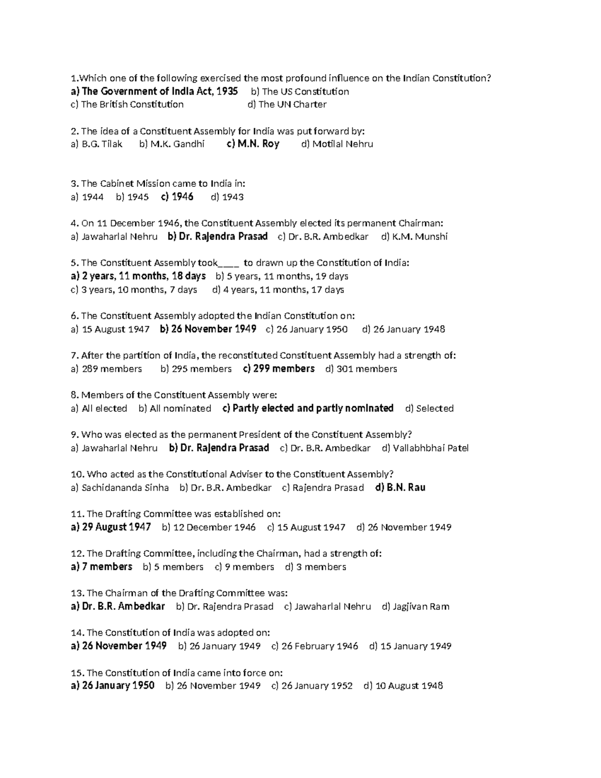 CIE-1 Question Bank: Indian Constitution Insights and Trivia - Studocu