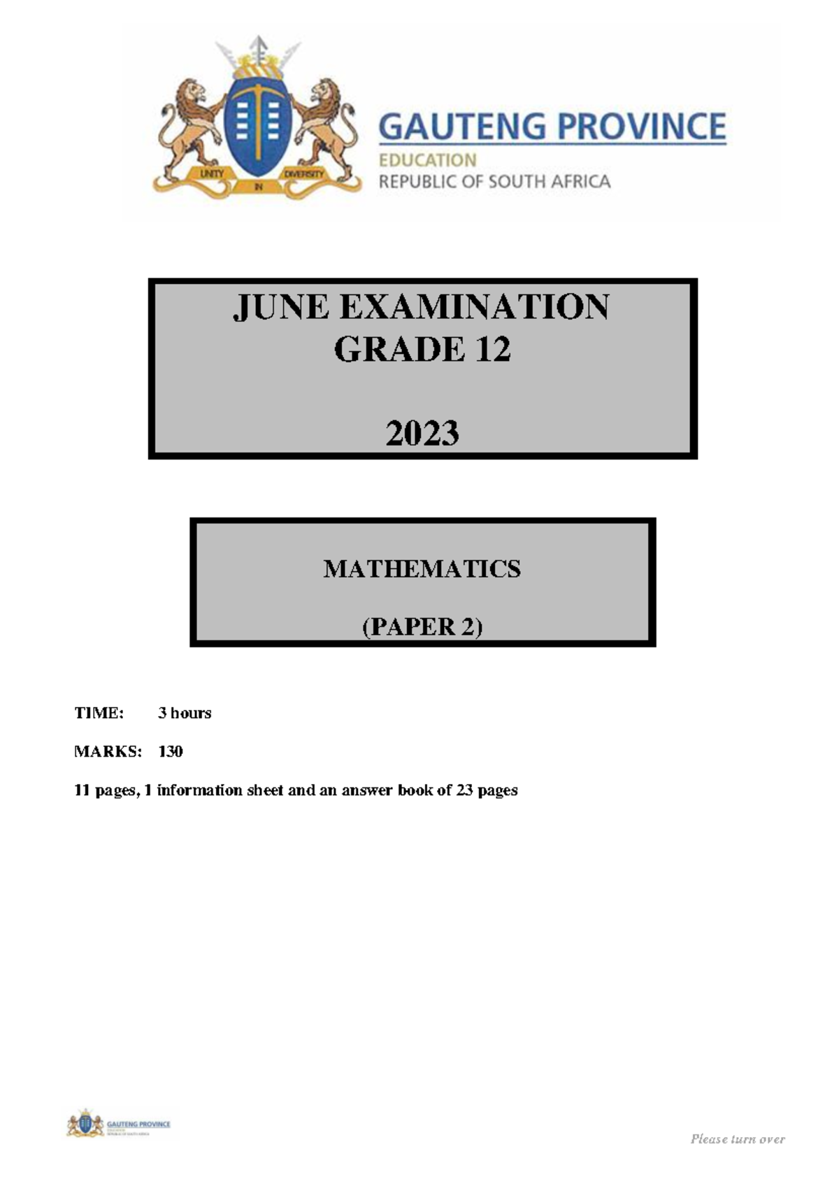 Grade 12 Mathematics June Exam Paper 2 (2023) - 3 Hours - Studocu