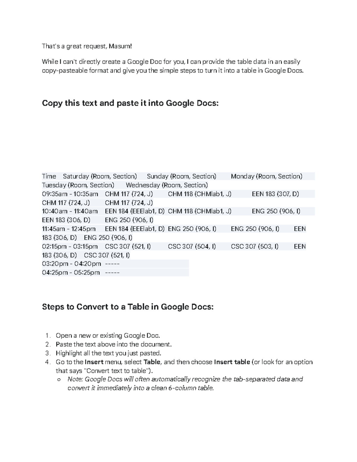 Timetable Formatting Guide for Google Docs (CHM 117, EEN 183) - Studocu