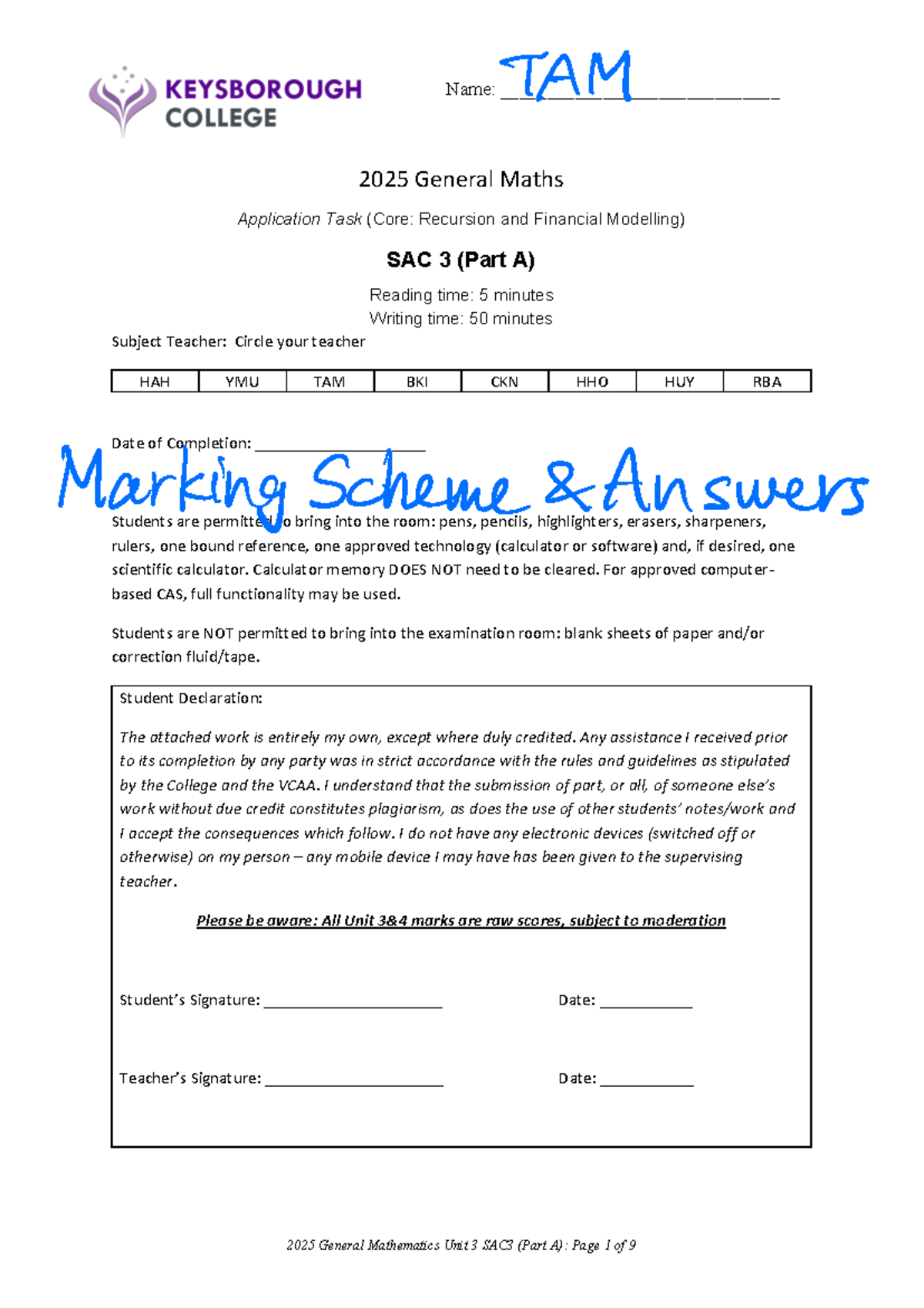 2025 General Maths SAC 3 (Part A) - Application Task Answers - Studocu