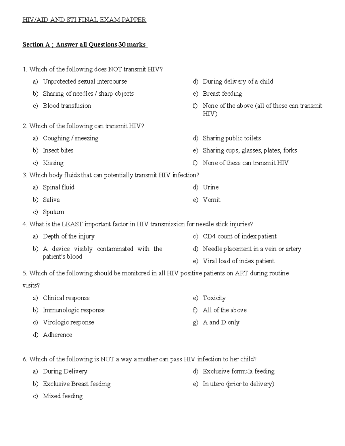HIV/AIDS and STI Final Exam Paper - Key Questions and Answers - Studocu