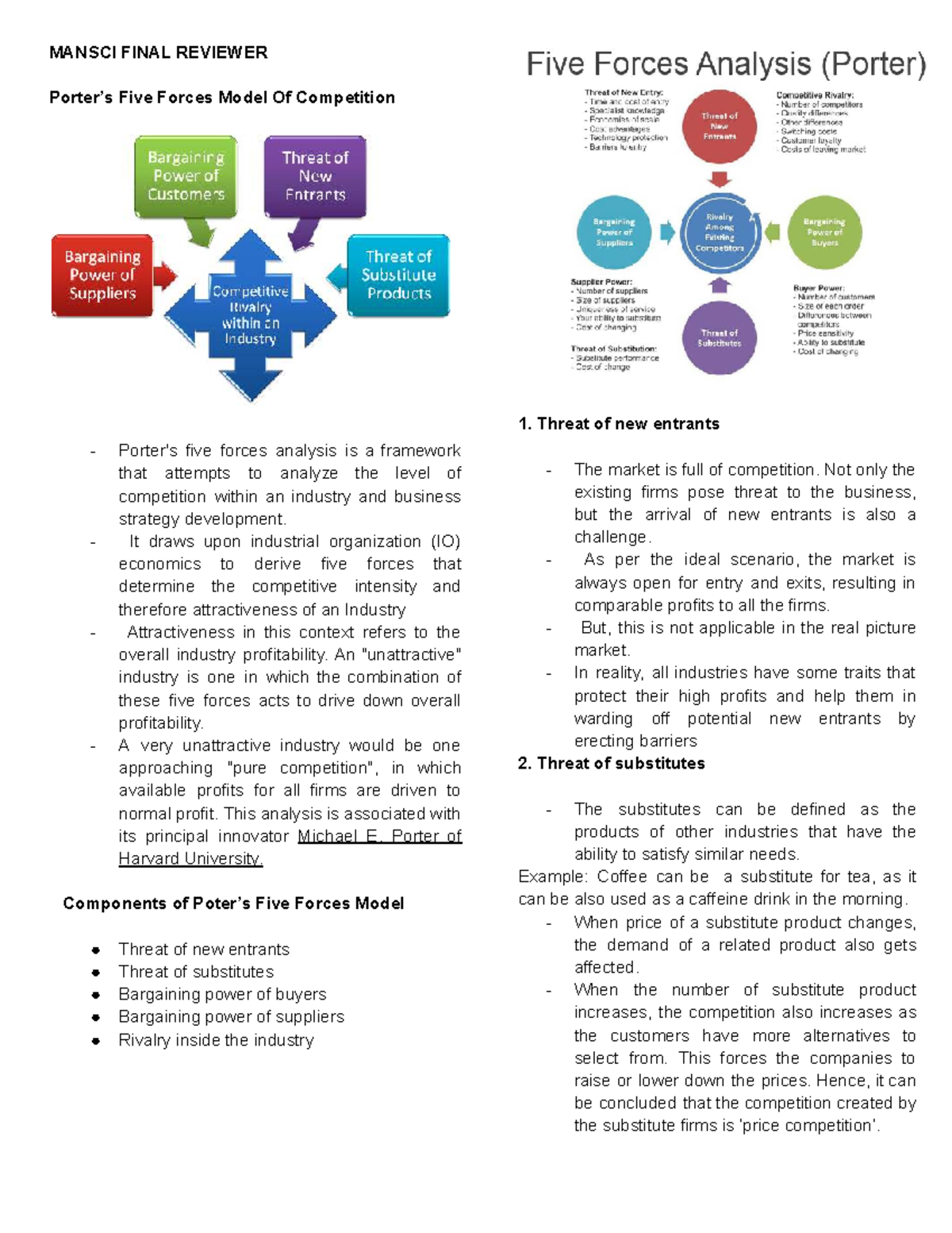 MANSCI FINAL REVIEWER: Five Forces Model & Management Science Insights - Studocu
