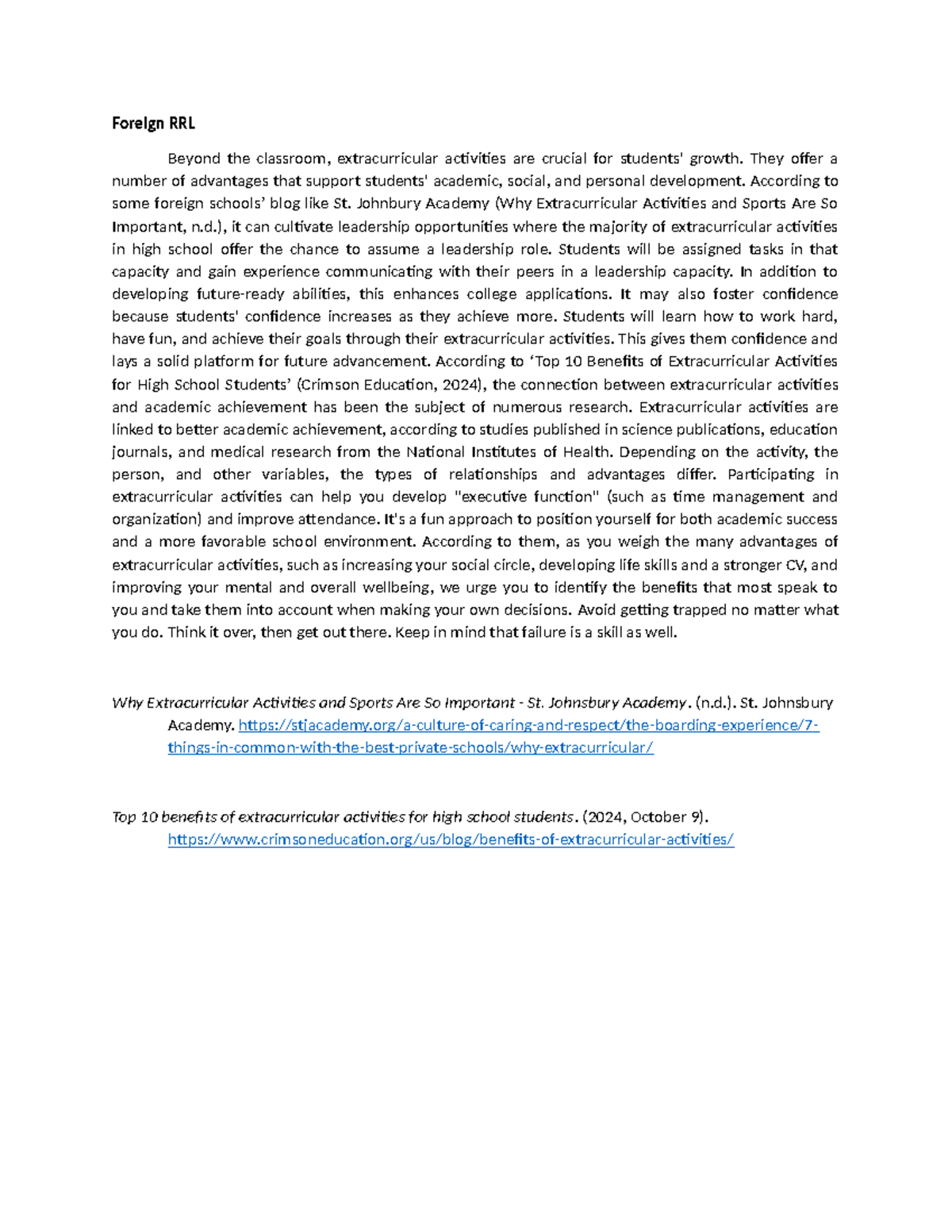 RRLs - Importance of Extracurricular Activities for Student Growth ...