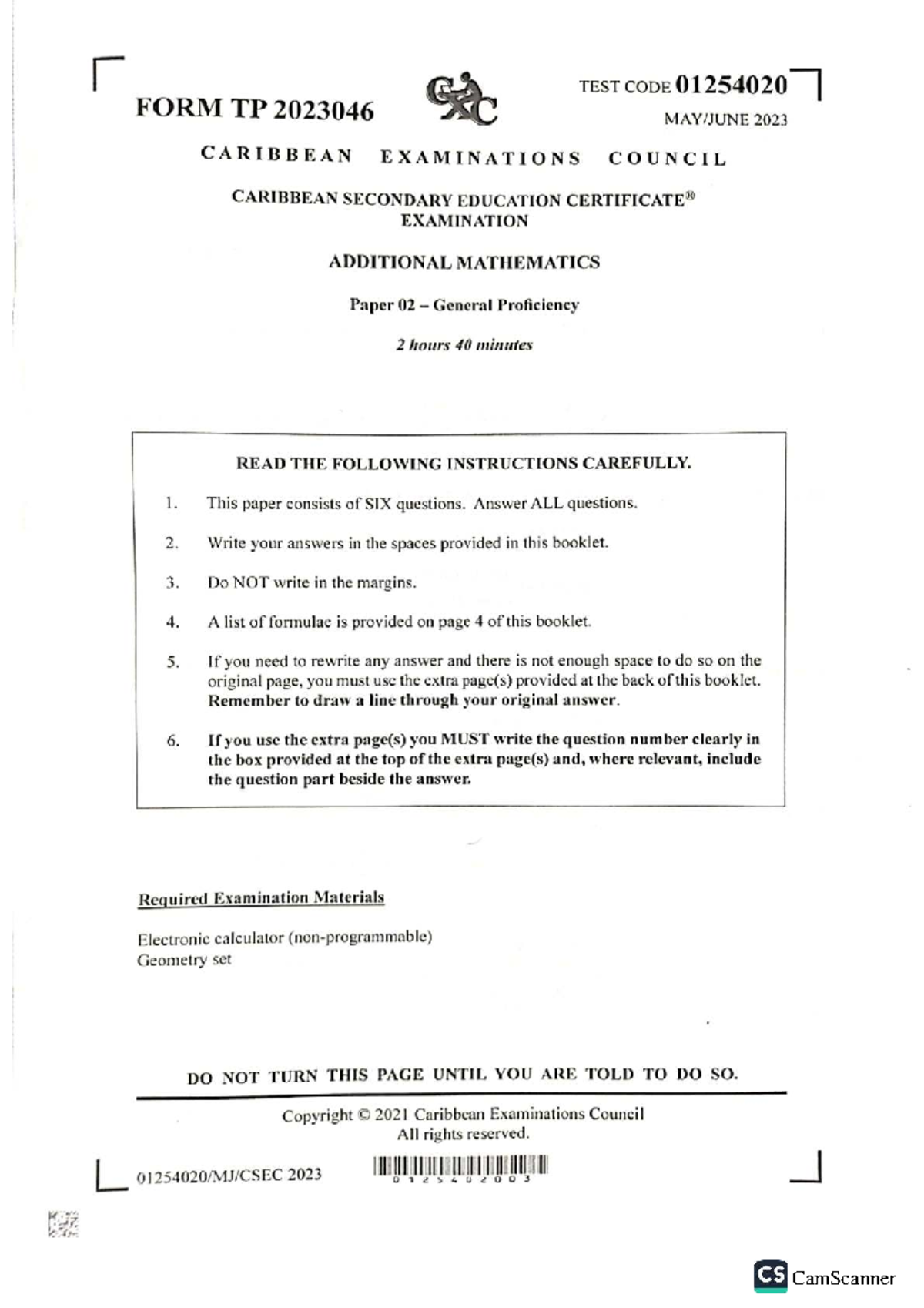 CSEC Additional Mathematics Paper 02 Exam 2023 - Test Code 01254020 ...