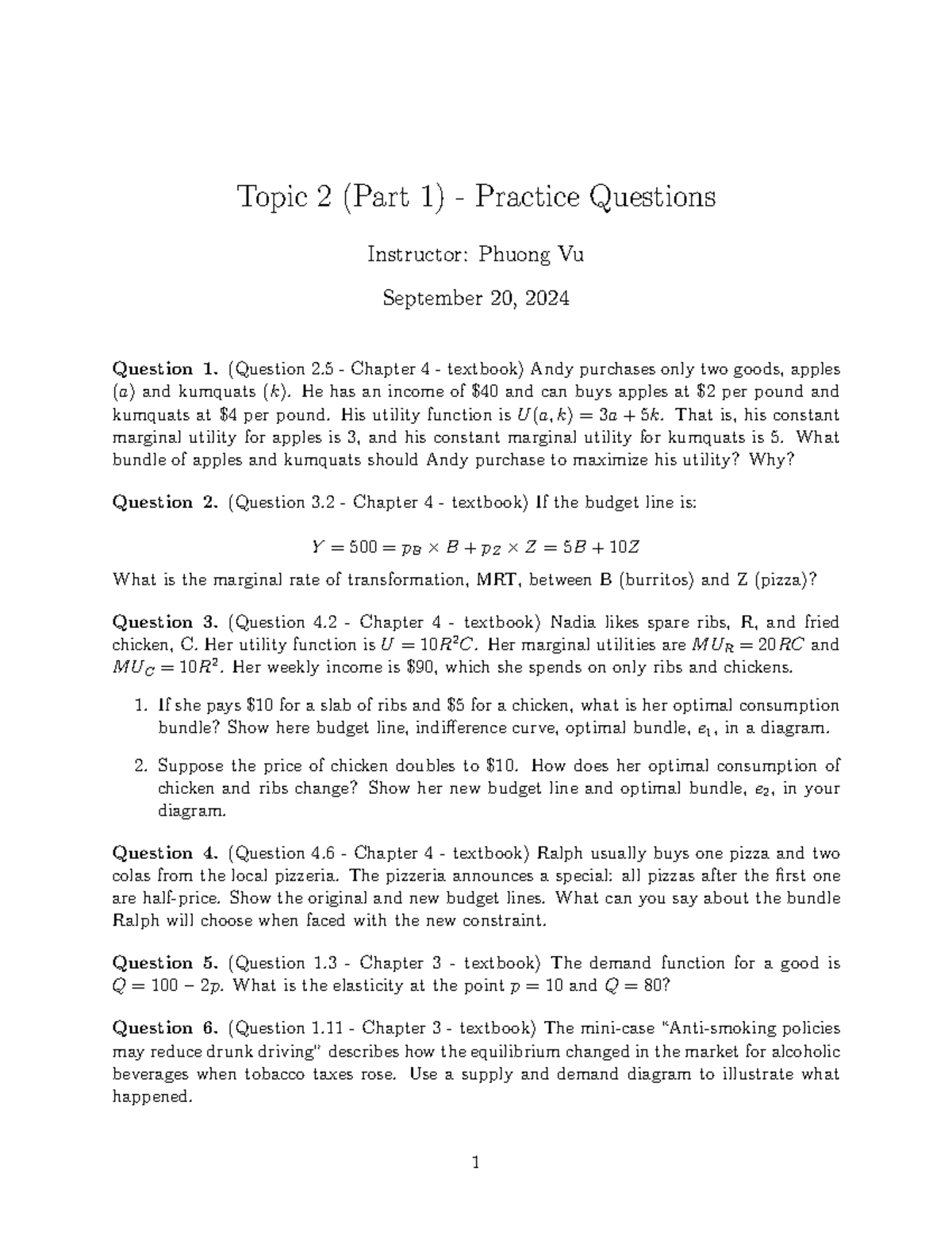 Practice Questions for Topic 2 (Part 1) - Economics Analysis - Studocu