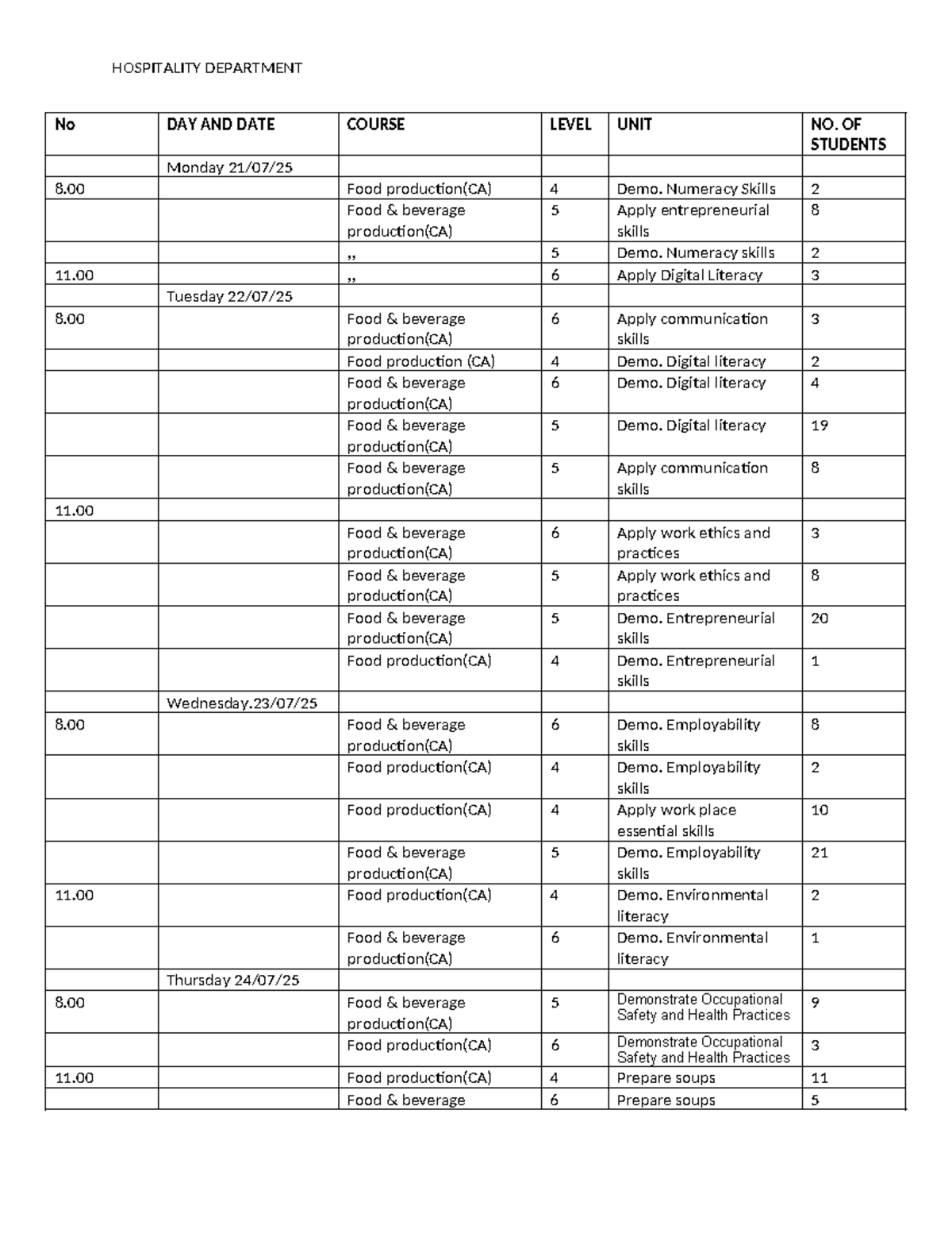 Hospitality Department Course Schedule (CA) - July/August 2025 - Studocu