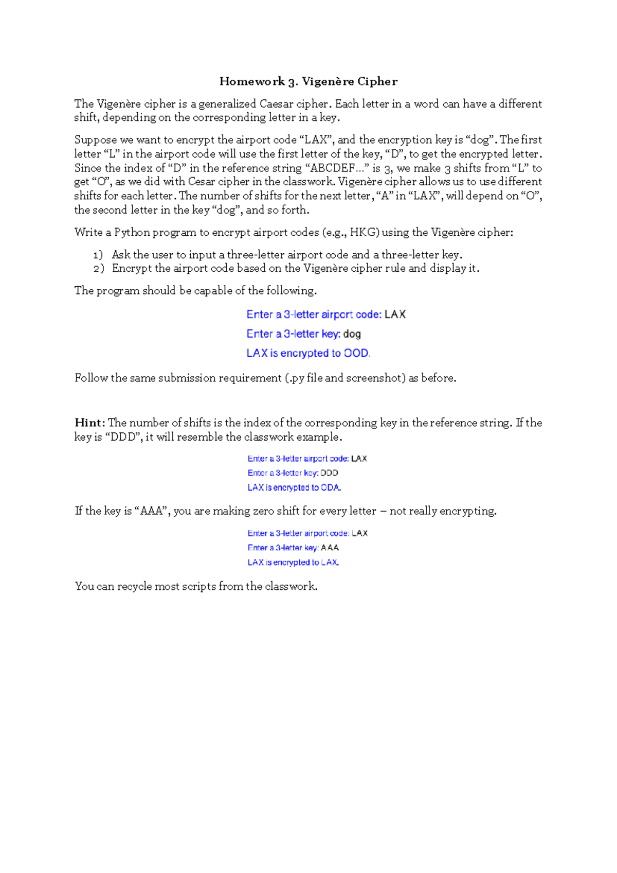 Homework 3 - Vigenère Cipher: Encrypting Airport Codes in Python - Studocu