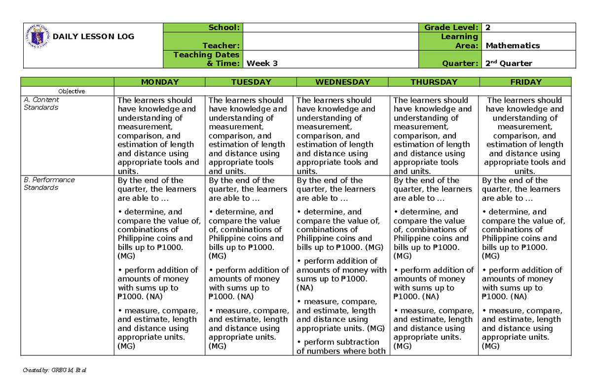 Mathematics 2 Q2 Week 3 - Daily Lesson Log (DLL) - Studocu
