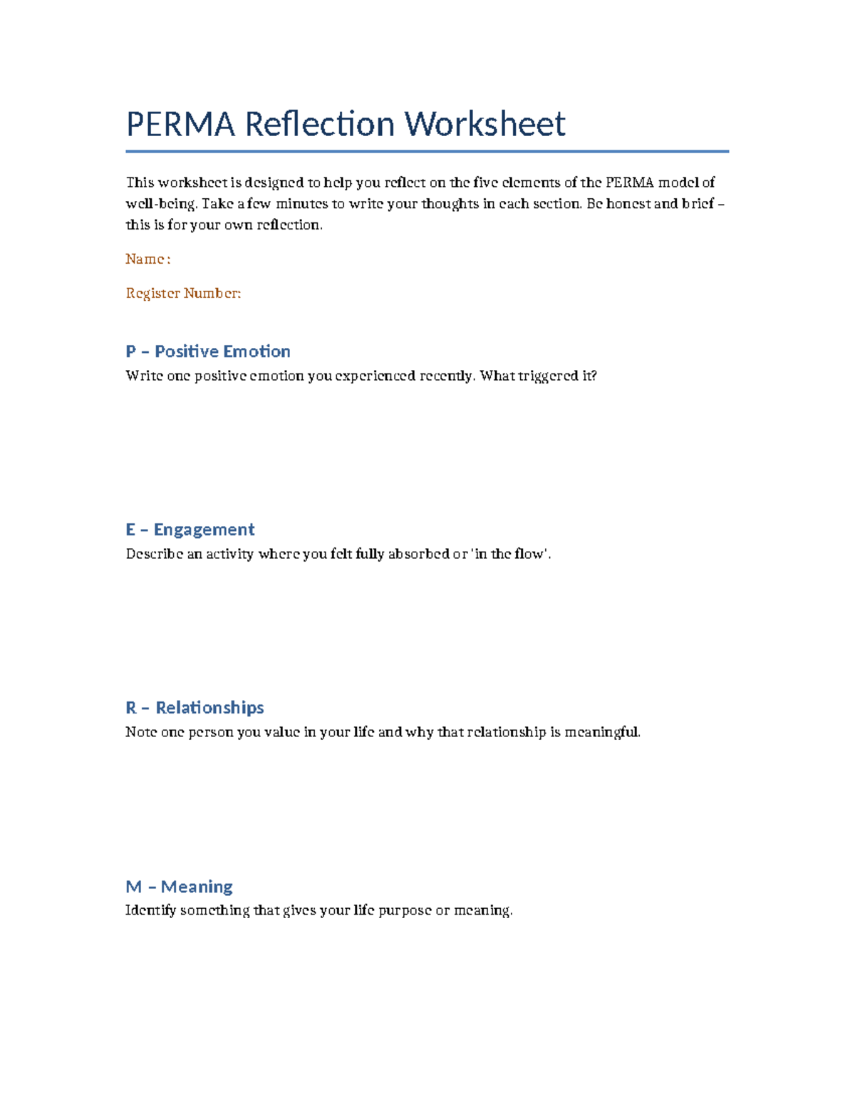 PERMA Reflection Worksheet: Exploring Positive Emotions & Meaning - Studocu