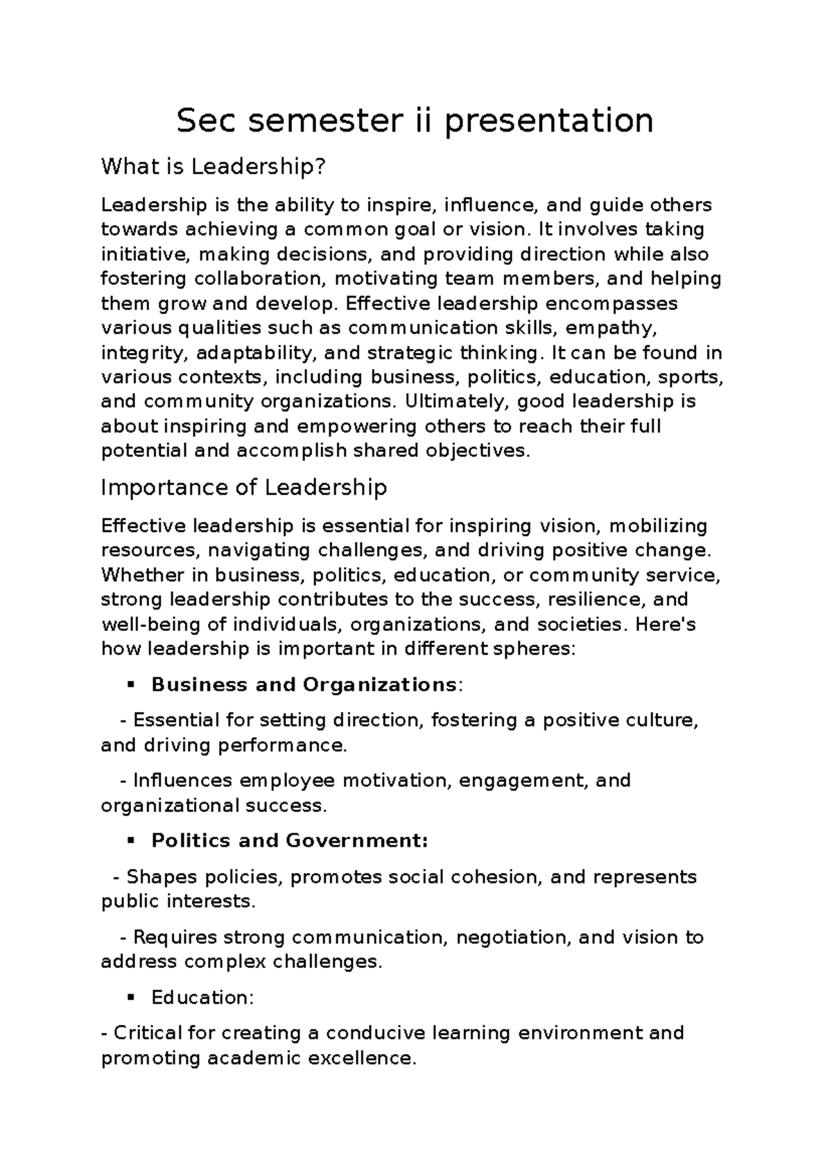 SEC 2nd Sem Leadership Presentation Overview and Key Theories - Studocu