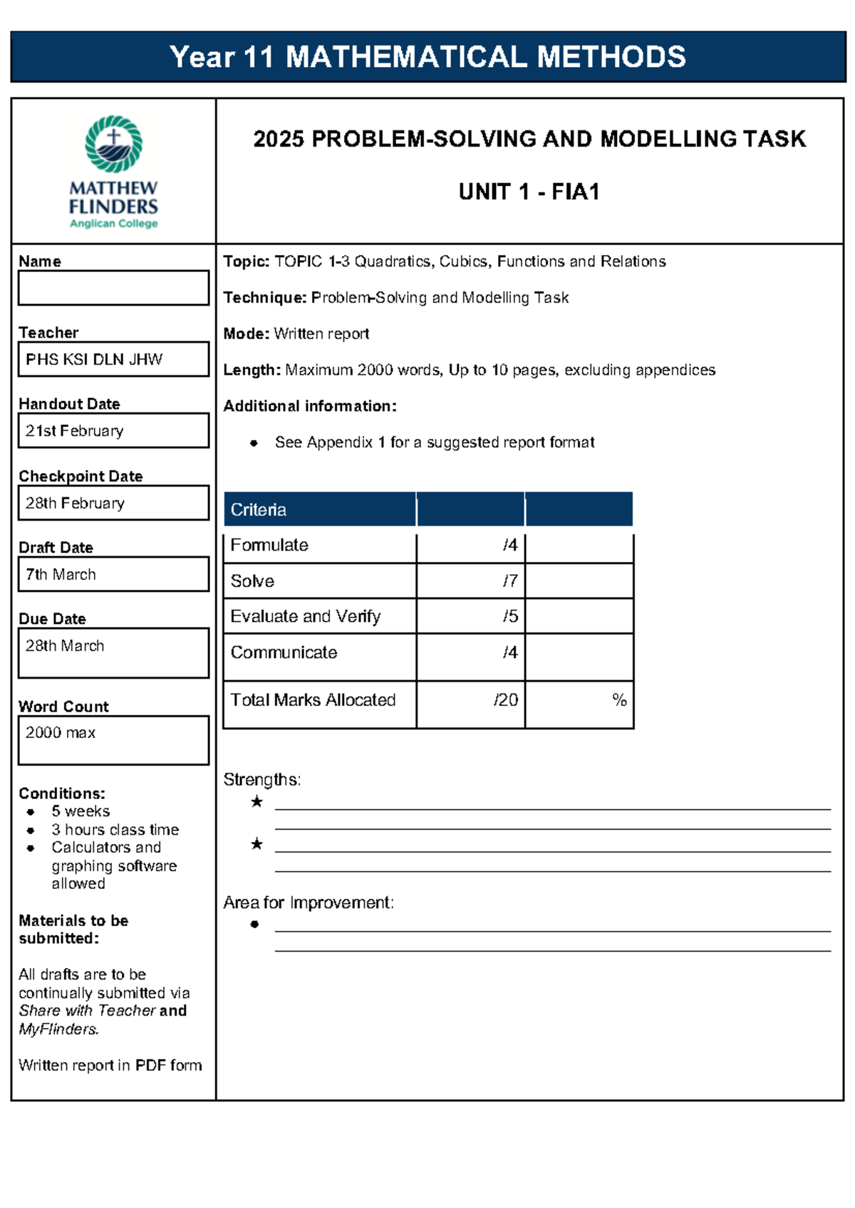 Year 11 Mathematical Methods 2025 PSMT FIA1: Quadratics & Functions Task - Studocu