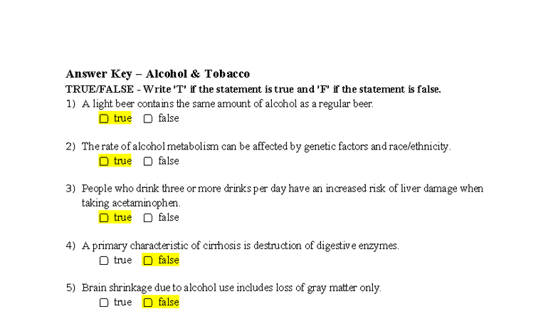 Answer Key - Alcohol & Tobacco Ch 9 Practice Questions - Studocu