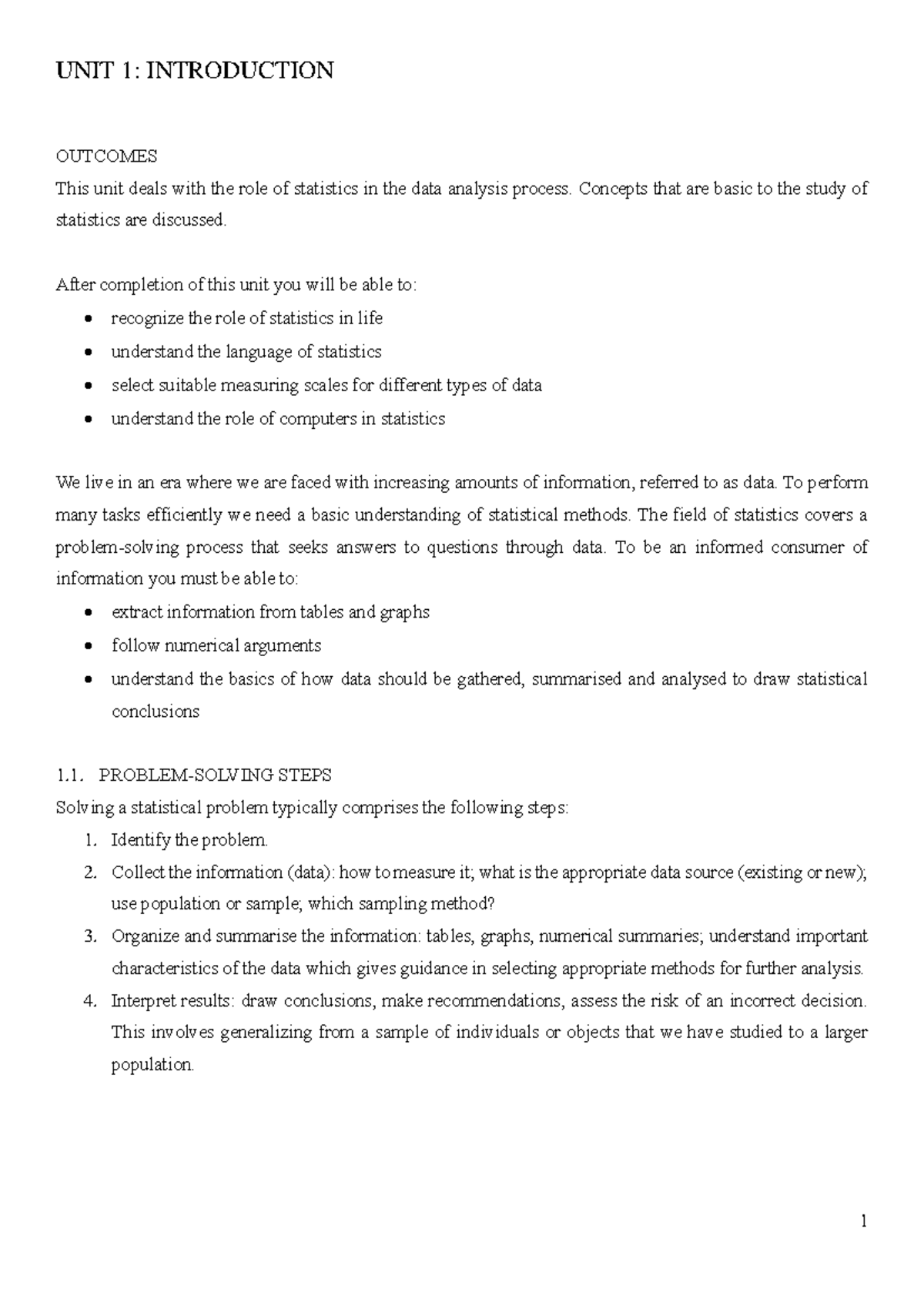 Engineering Stats Lecture Notes 1 Unit 1 Introduction Outcomes This