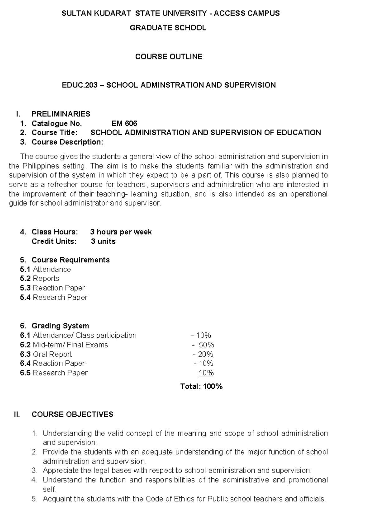 EDU.203 Course Outline: School Administration & Supervision - Studocu