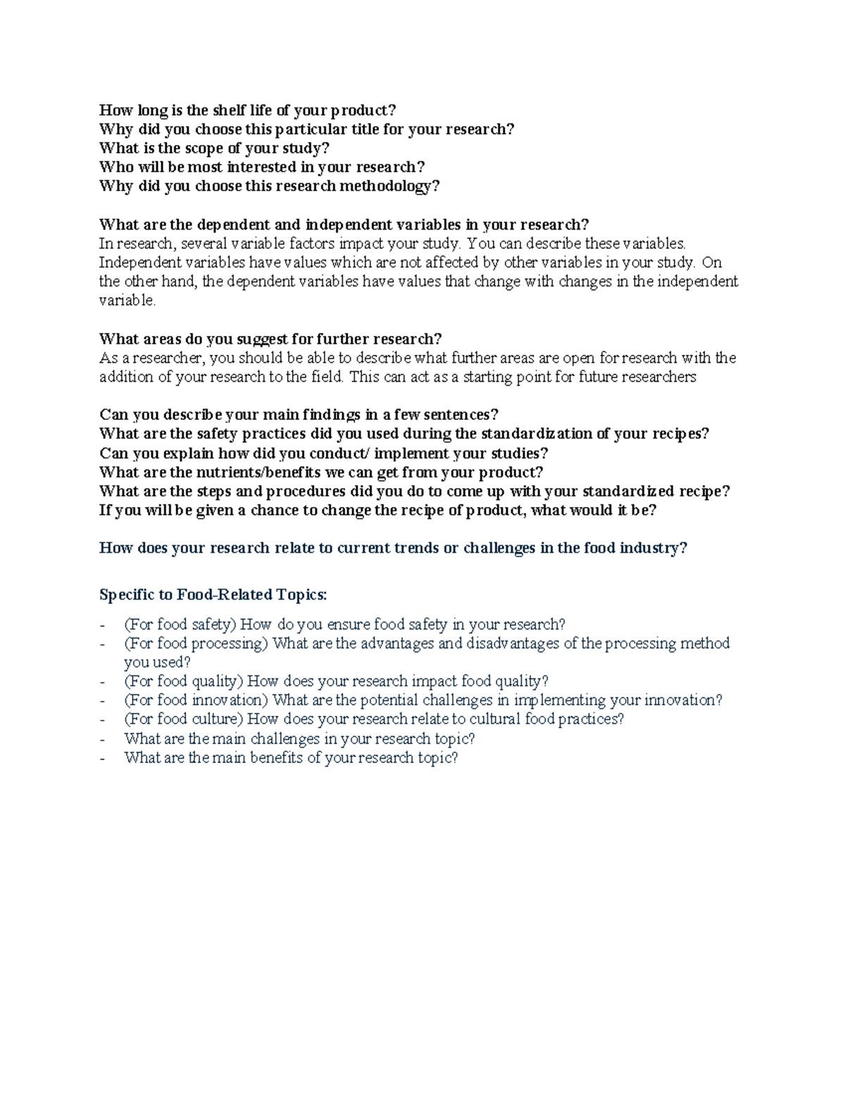 Research Questions on Product Shelf Life and Food Safety - Studocu