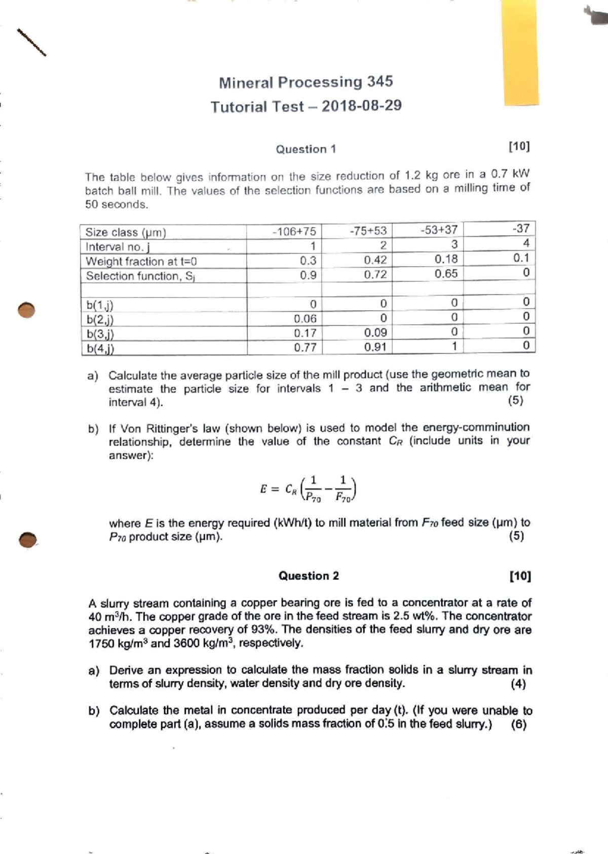 Mineral Processing 345 Tutorial Test Questions and Solutions - Studocu