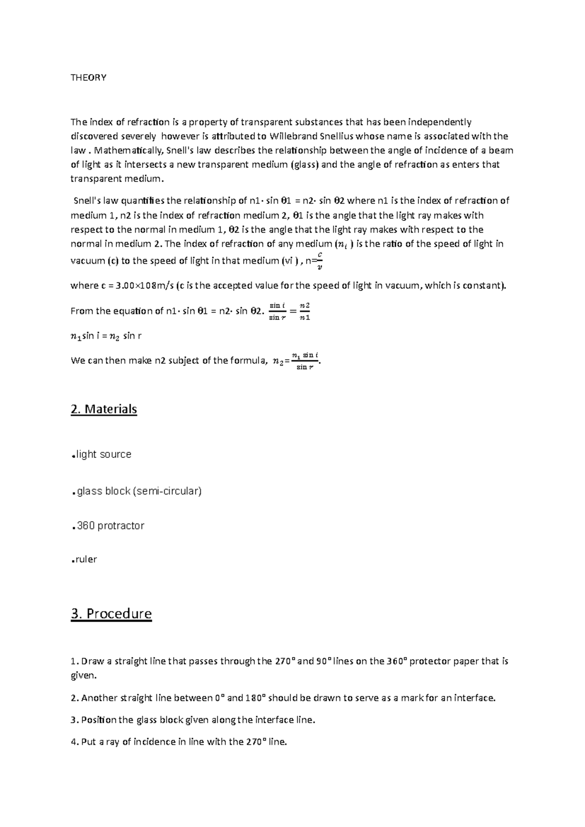 Snell's Law Experiment: Analyzing Refraction in Physics (PHYS 101 ...