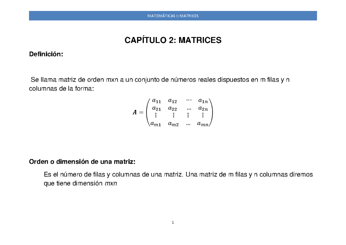 MATEMÁTICAS I: MATRICES CAPÍTULO 2 - Definiciones y Ejemplos - Studocu