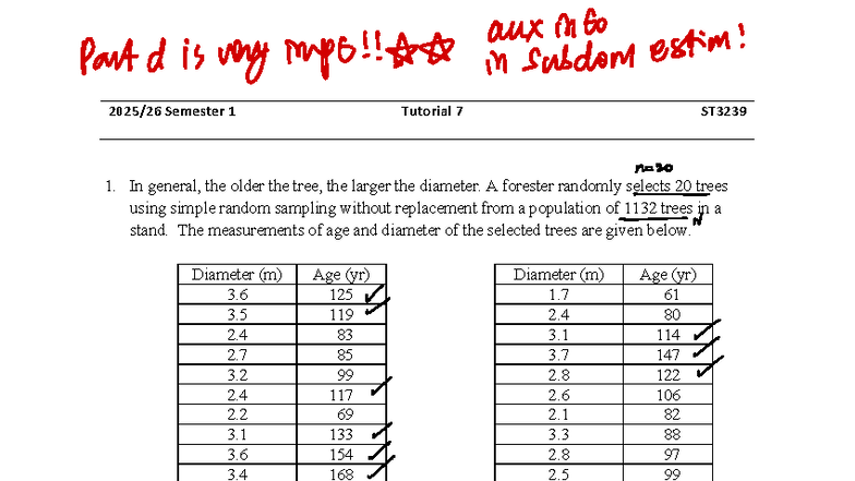 Tutorial 7: Estimating Tree Diameter and Age - ST3239 - Studocu