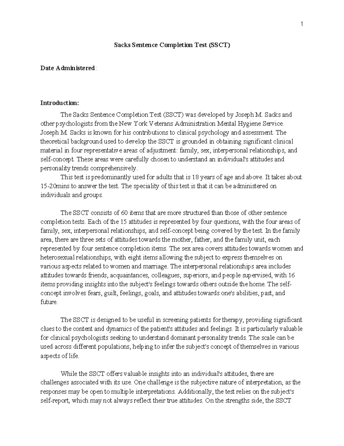 Report on Sacks' Sentence Completion Test (SSCT) for M.J. - Studocu