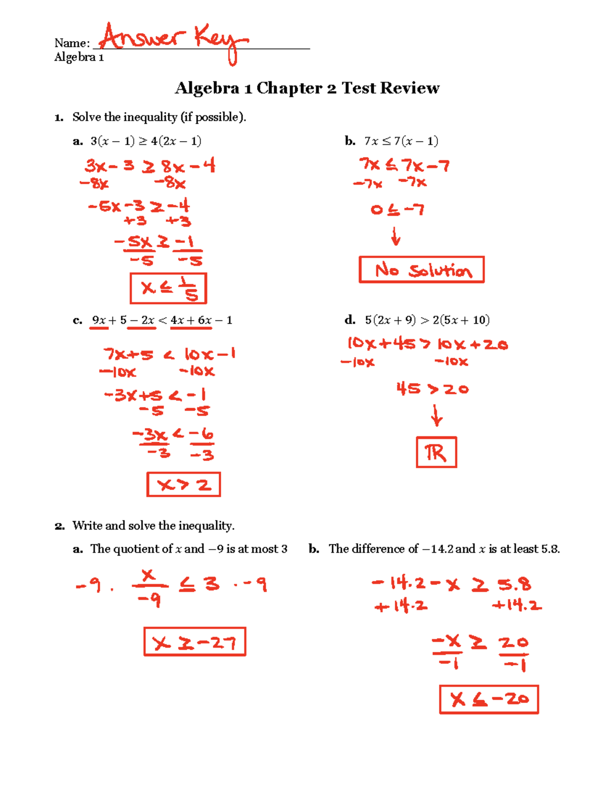 Algebra 1 (MATH101) Chapter 2 Test Review & Practice Problems - Studocu