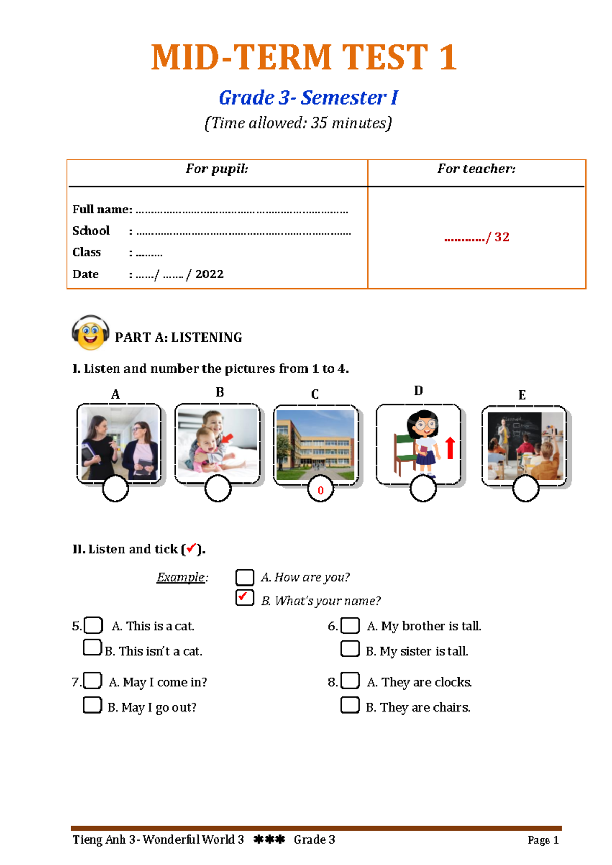Final mid-term test G3 - ENglish 5 - MID-TERM TEST 1 Grade 3- Semester ...