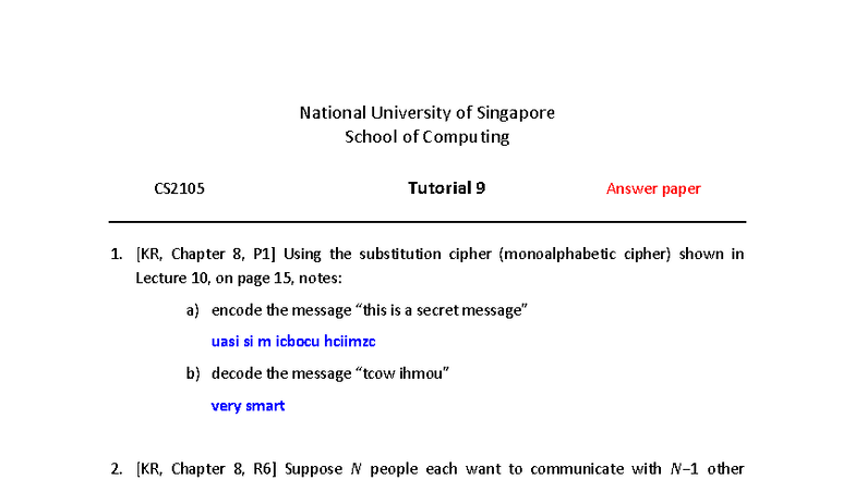 CS2105 Tutorial 9 Answers: Substitution Cipher & RSA Encryption - Studocu